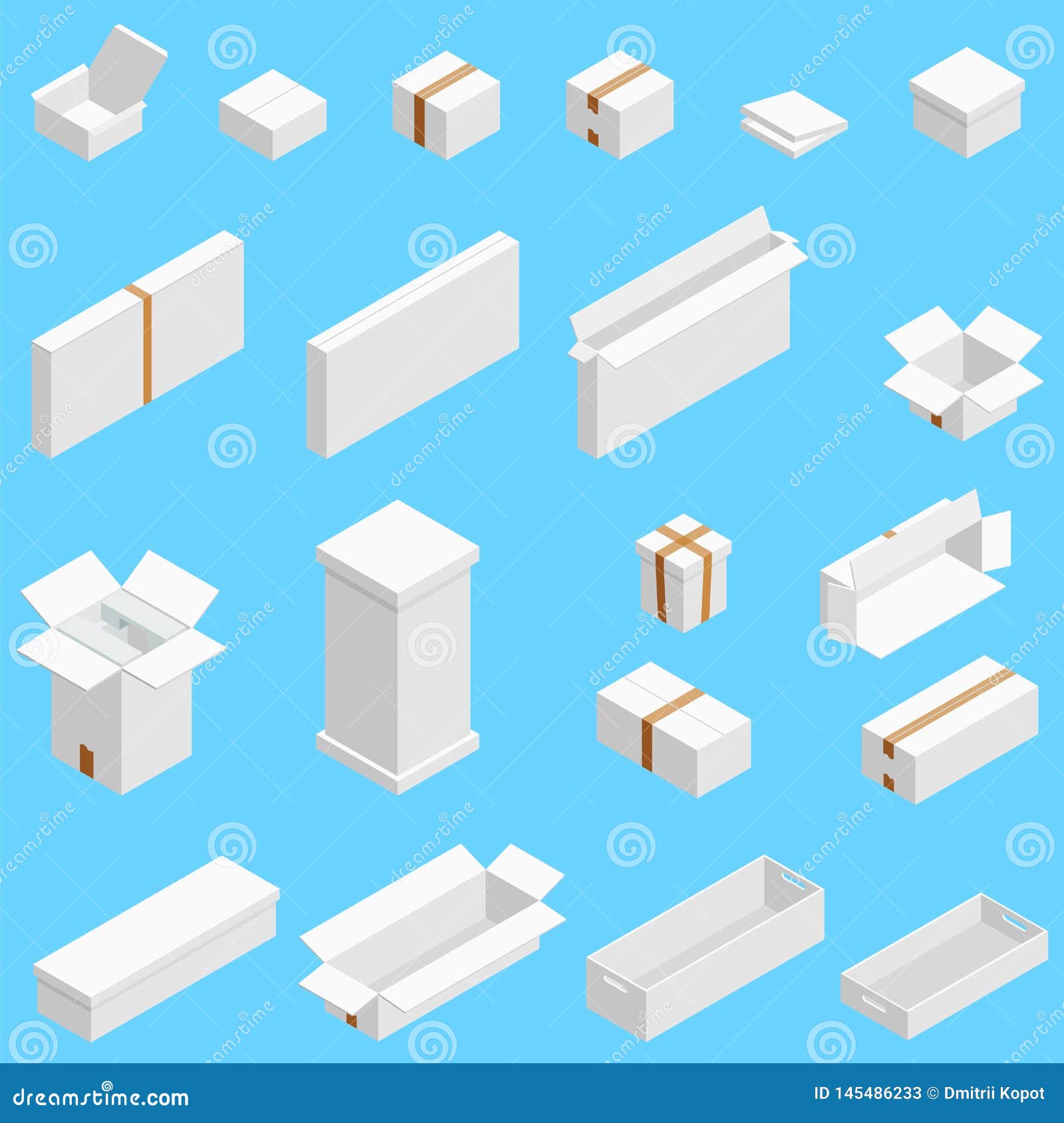 Isometric Set Of White Cardboard Box Isolated On Cian Background ...