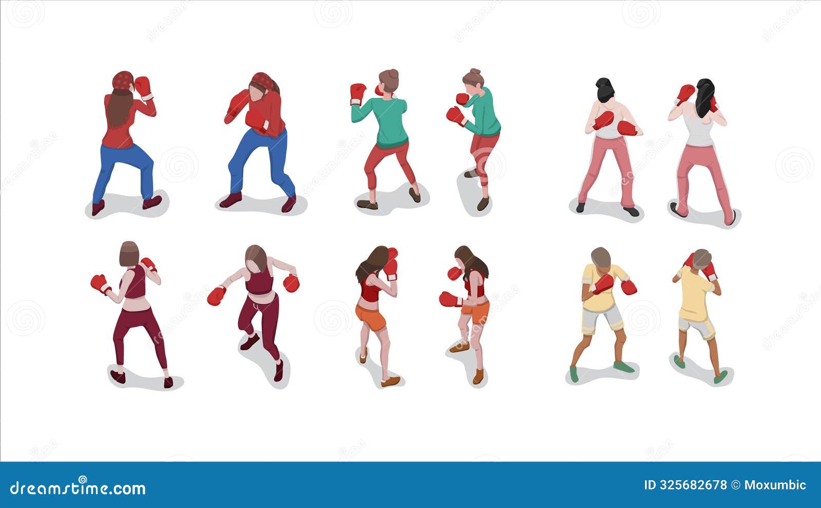 Isometric Set Woman People Practice Boxing and Punching Pose Activity ...