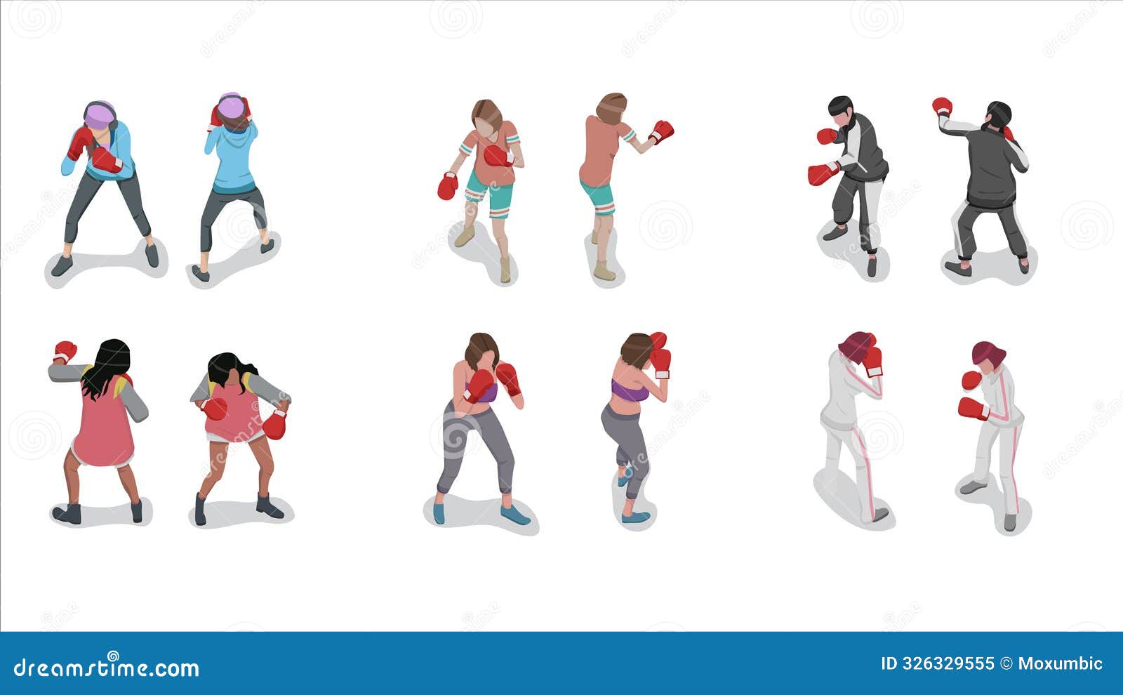 Isometric Set Woman People Practice Boxing and Punching Pose Activity ...
