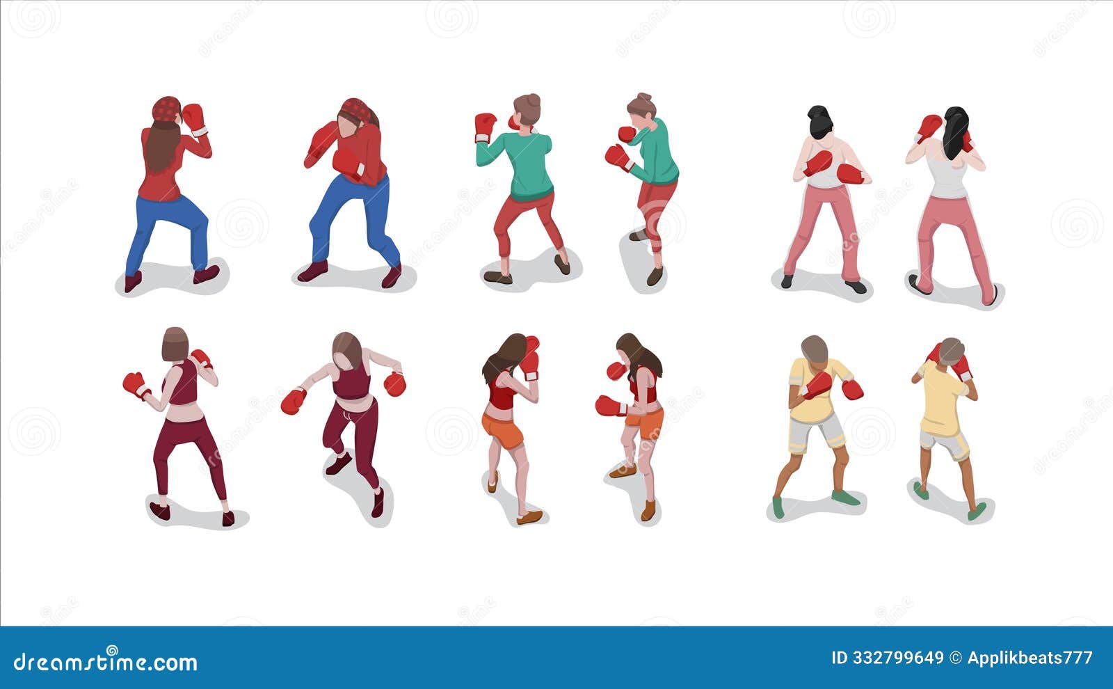 Isometric Set of Woman People Practice Boxing and Punching Pose ...