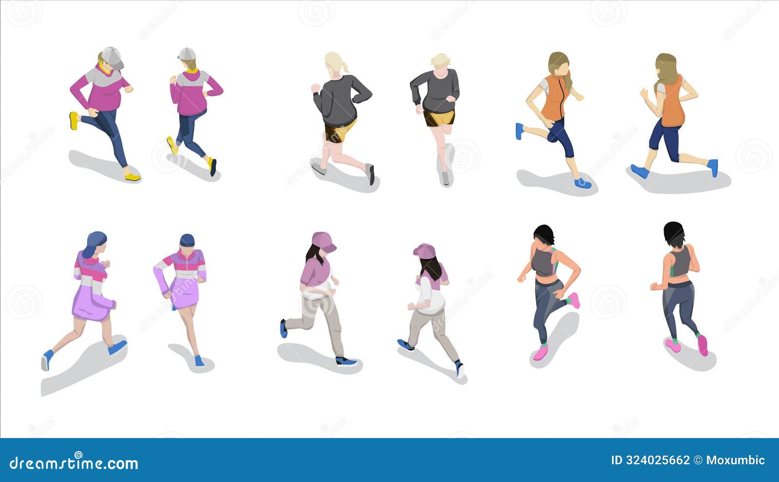 Isometric Set Woman People Running Pose Activity Stock Illustration ...