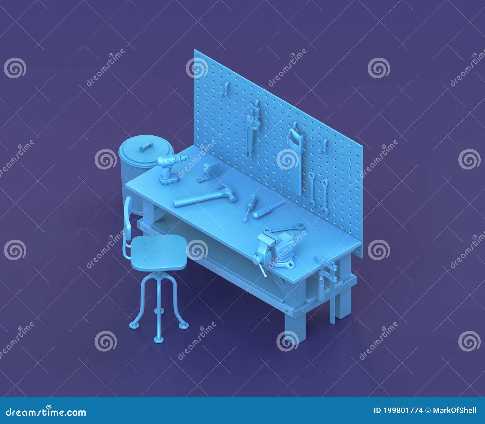 Isometric Single Color Workshop with Workbench in Blue Background, Flat ...
