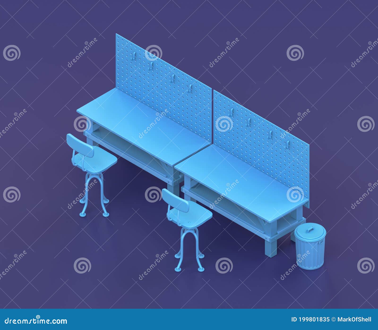 Isometric Single Color Workshop with Workbench in Blue Background, Flat ...