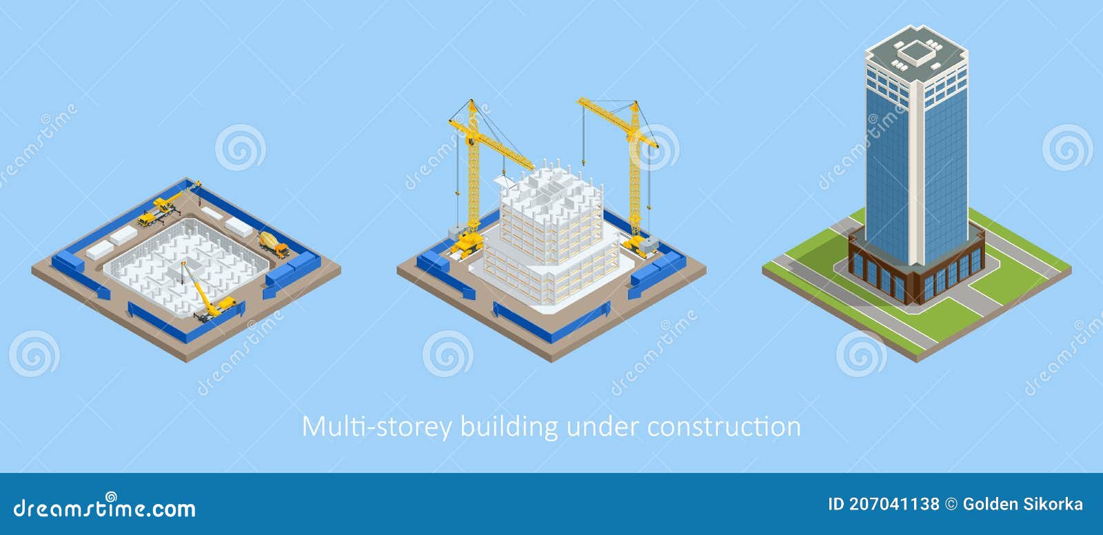 Isometric Skyscraper Construction Process. Building Crane, Multi-storey ...