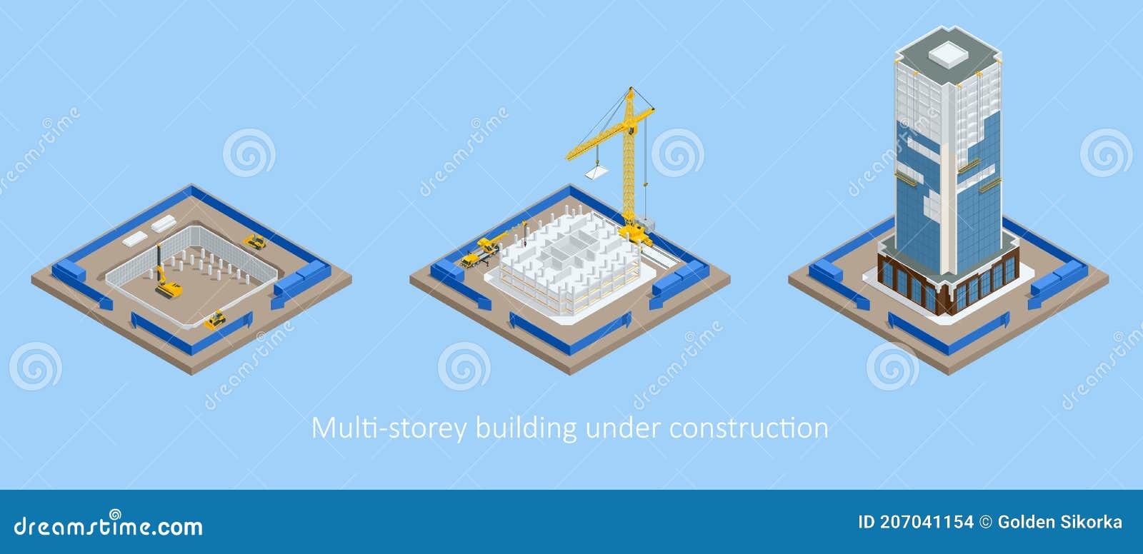 Isometric Skyscraper Construction Process. Building Crane, Multi-storey ...