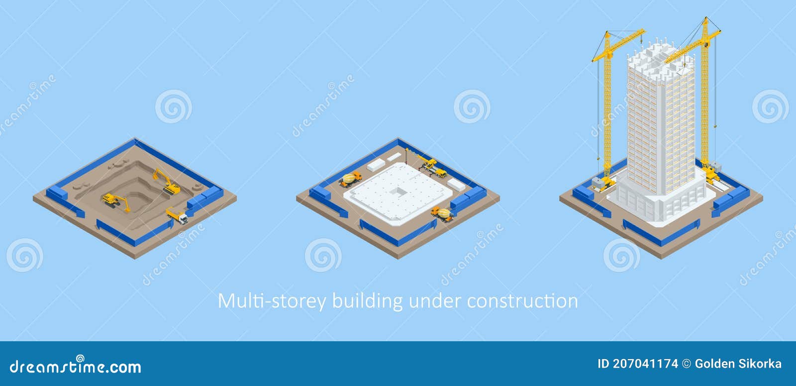 Isometric Skyscraper Construction Process. Building Crane, Multi-storey ...
