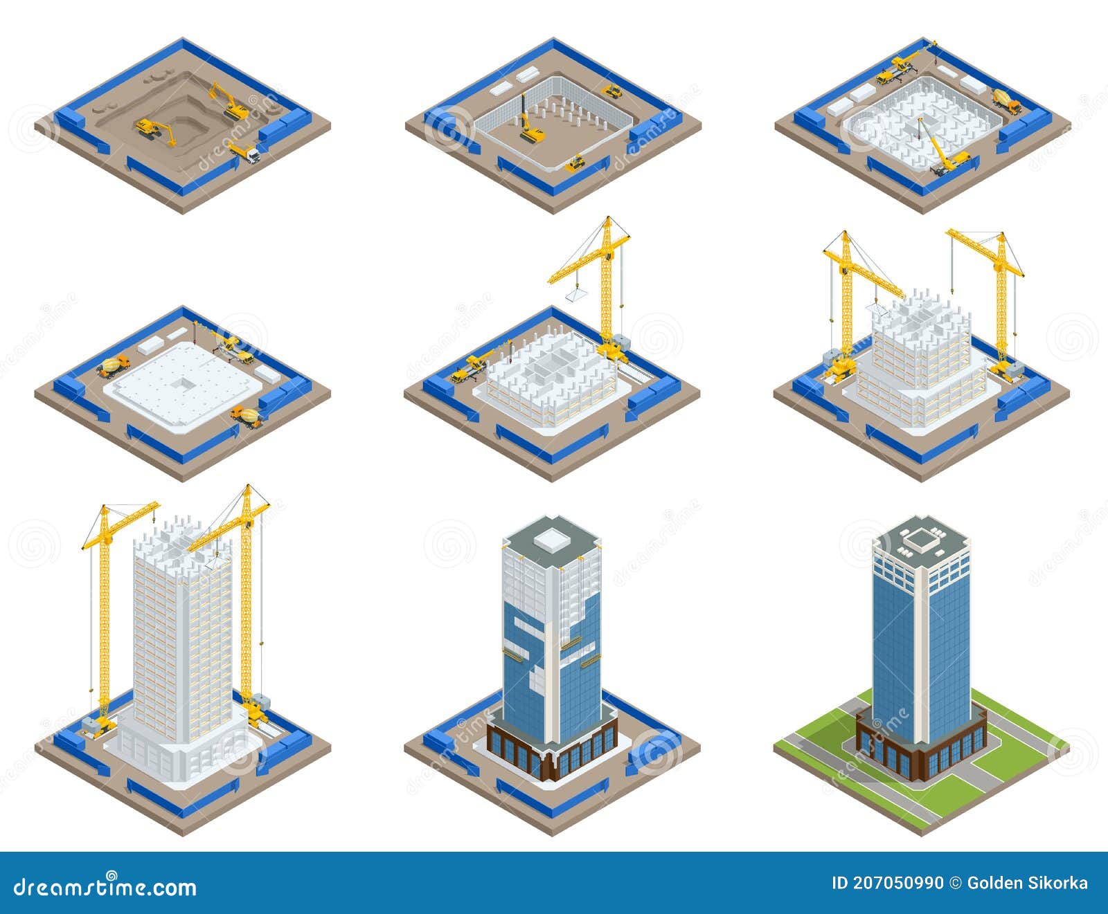 Isometric Skyscraper Construction Process. Building Crane, Multi-storey ...