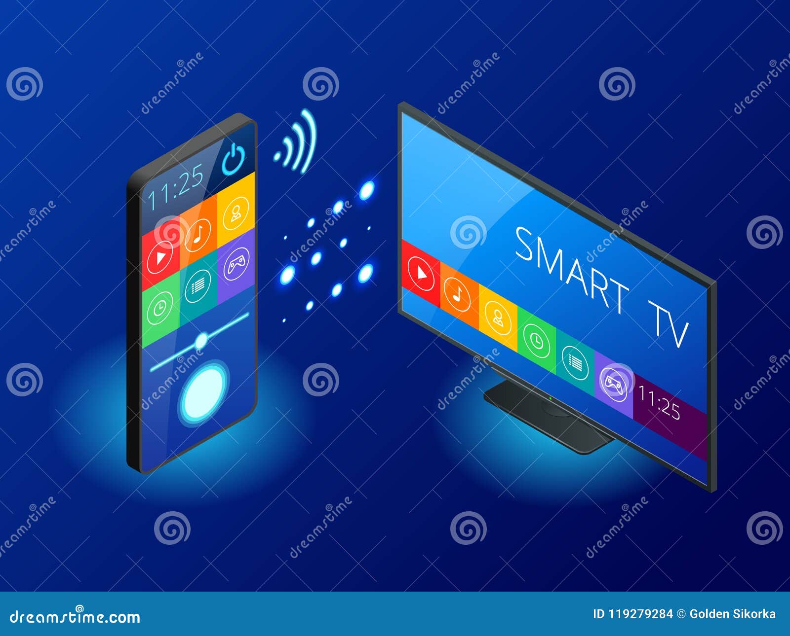 Isometric Smart TV is Controlled by a Smartphone, Transmits Information ...