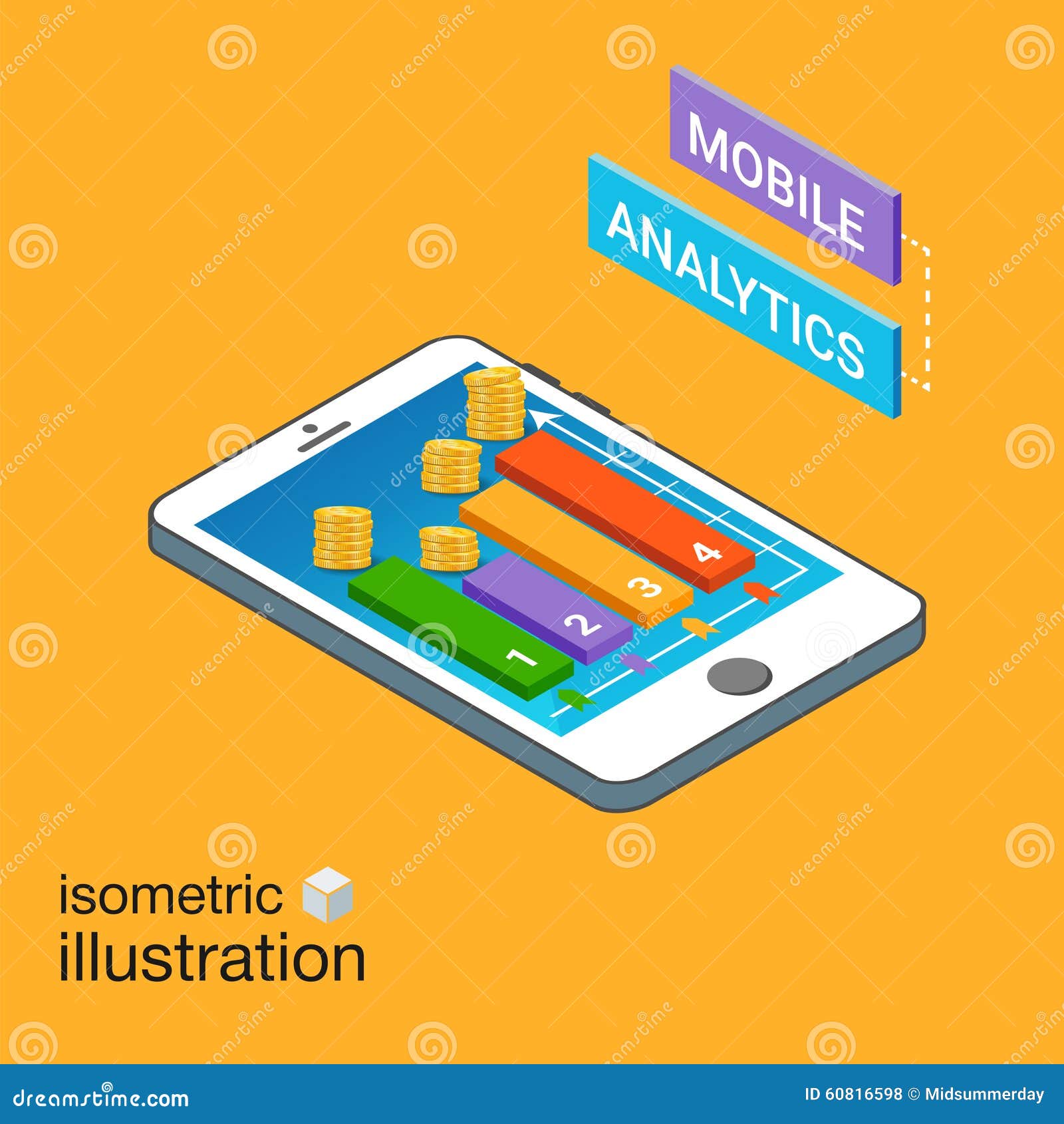 Isometric Smartphone with Graphs. Mobile Analytics Concept. Modern ...