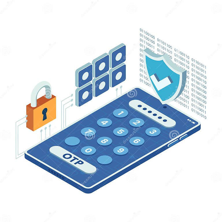 Isometric Smartphone with OTP Security and Digital Encryption Stock ...