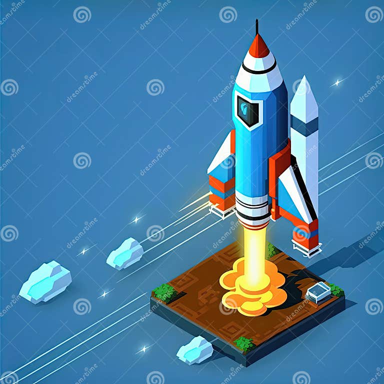 Isometric Space Rocket Launch on Blue Sky Background, Generative AI ...
