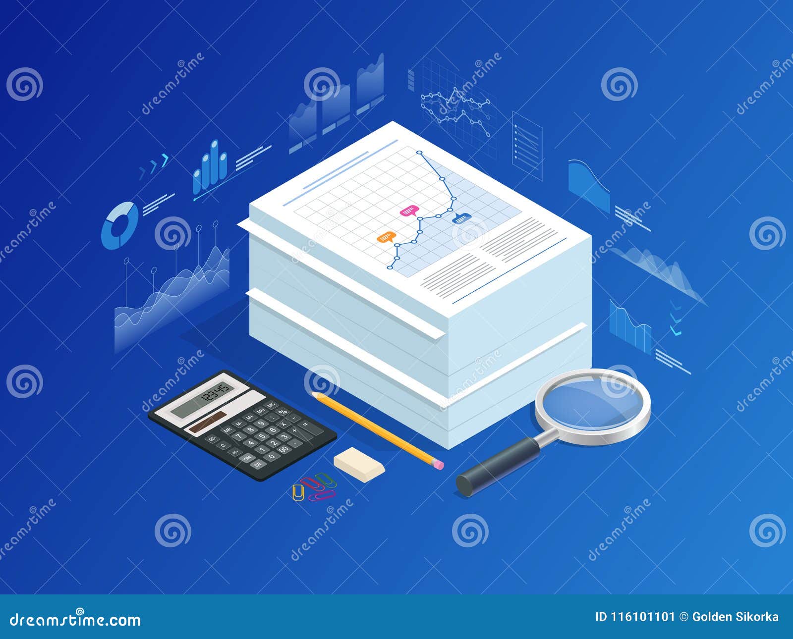 Isometric Stack of Documents with an Official Stamp and Pencils in a ...