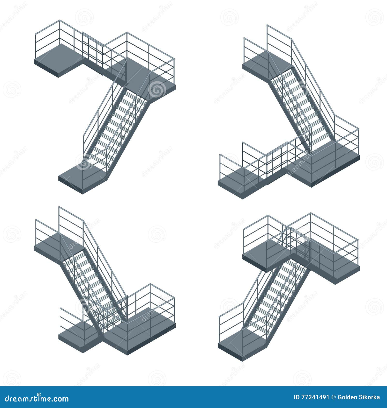 Isometric Staircase. Vector Set of Various Metallic Staircase on the ...