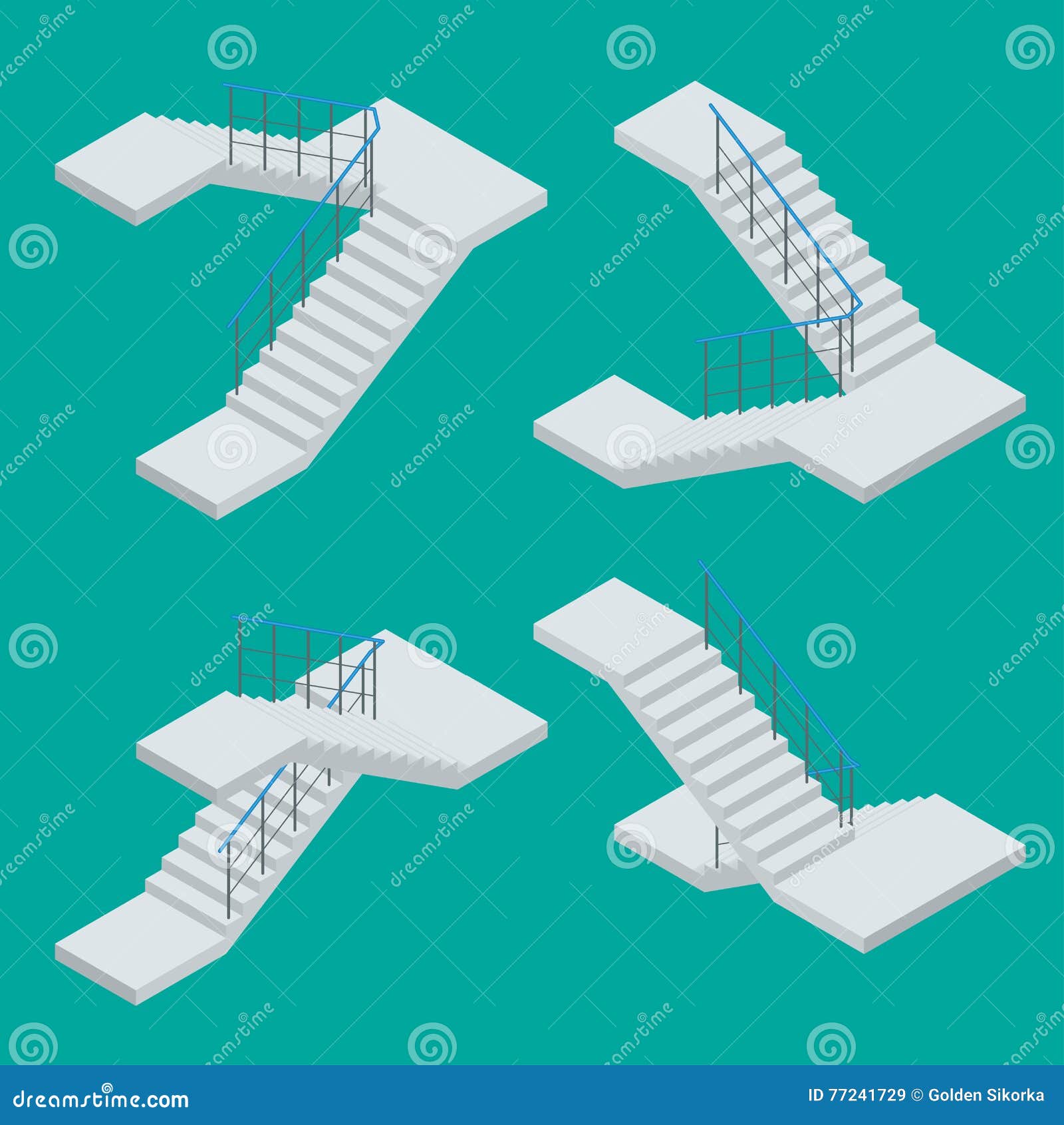 Isometric Staircase. Vector Set Of Various Metallic Staircase On The ...