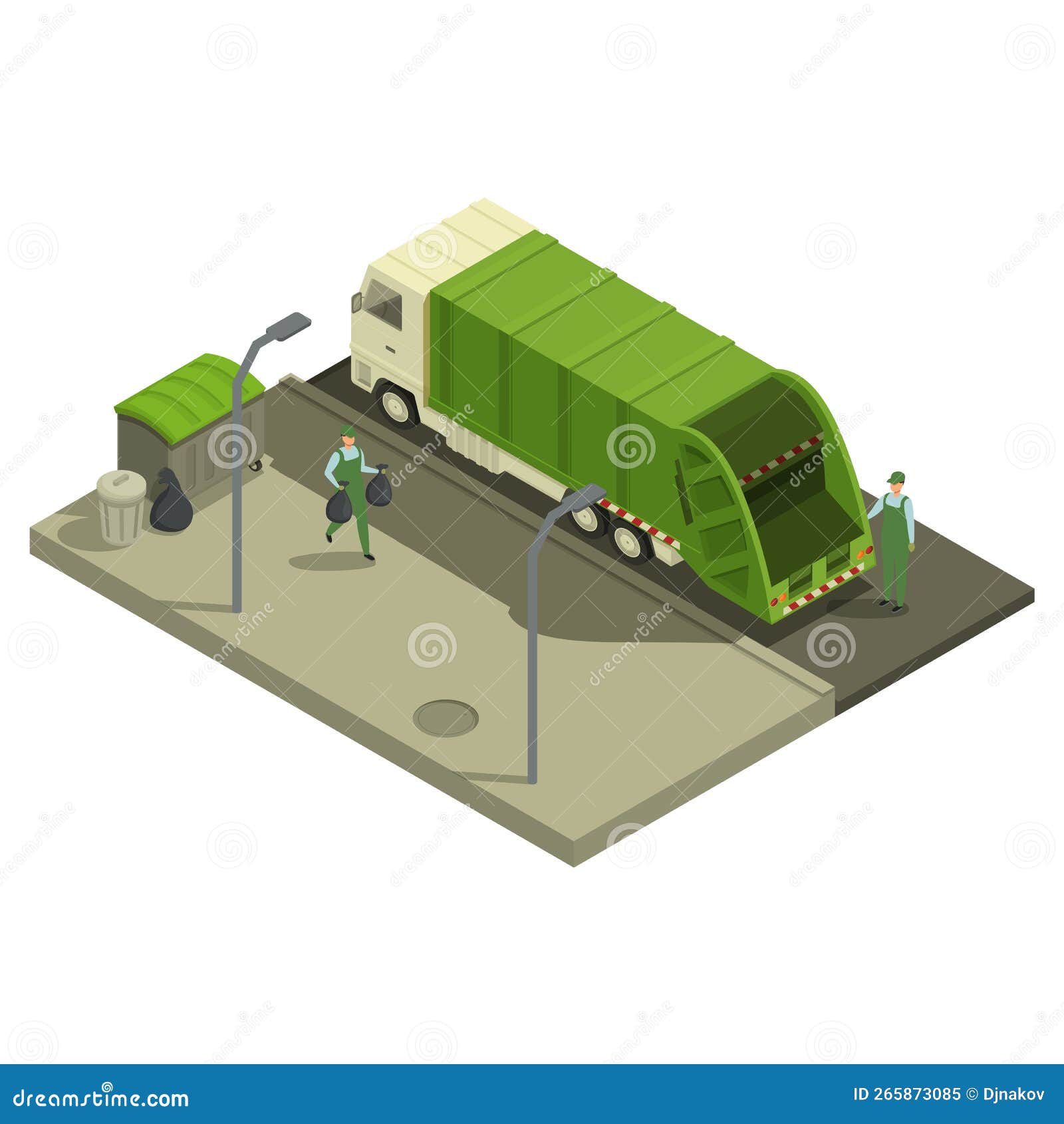 Isometric Street with Garbage Truck and Workers Stock Vector ...