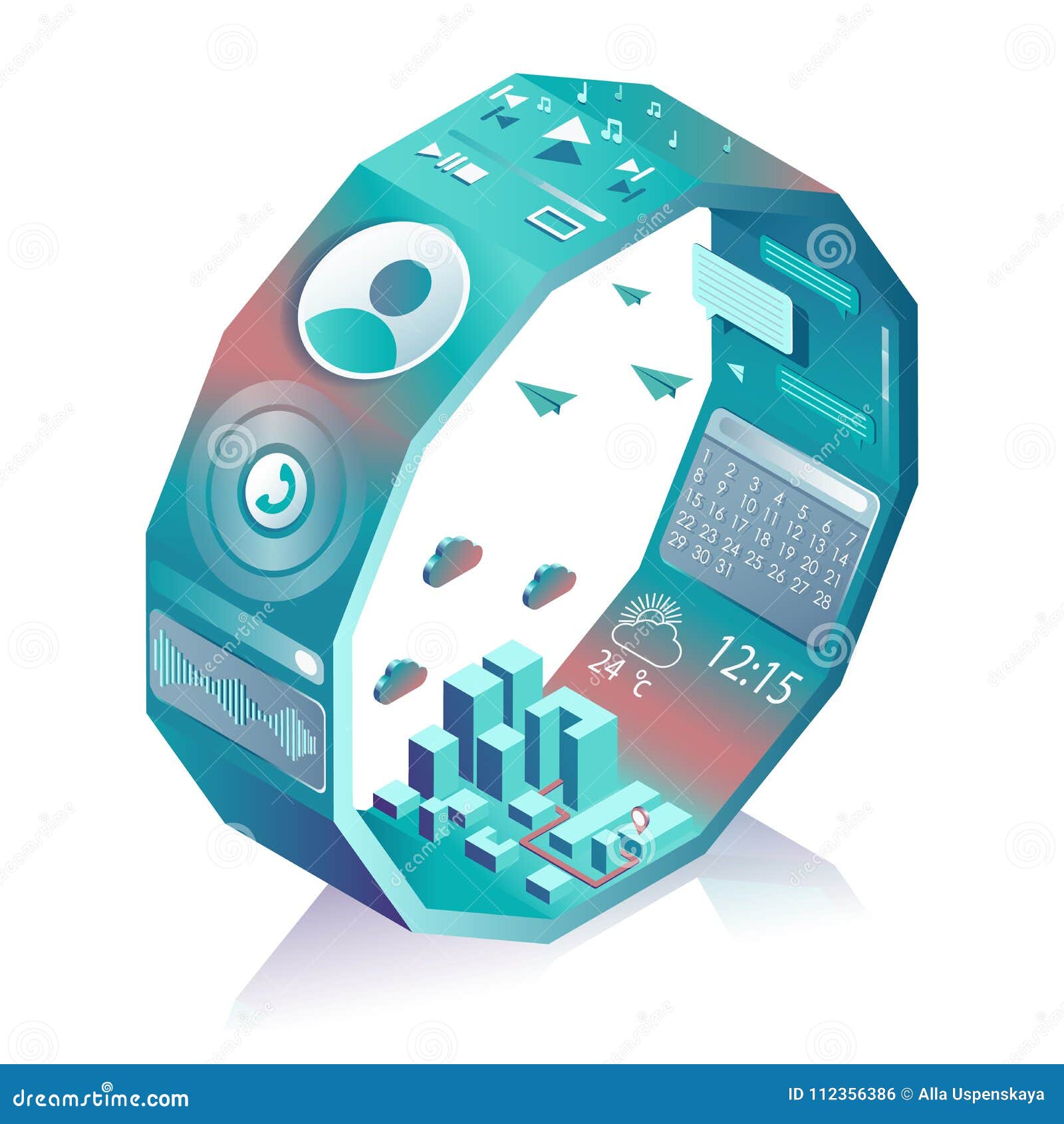 Isometric Stylized Smart Watch. Smart Web Interface with Different Apps ...