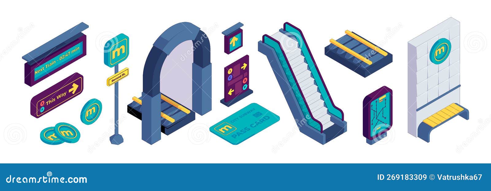 Isometric Subway Set. Metro Elements with Train Escalator Signboard ...