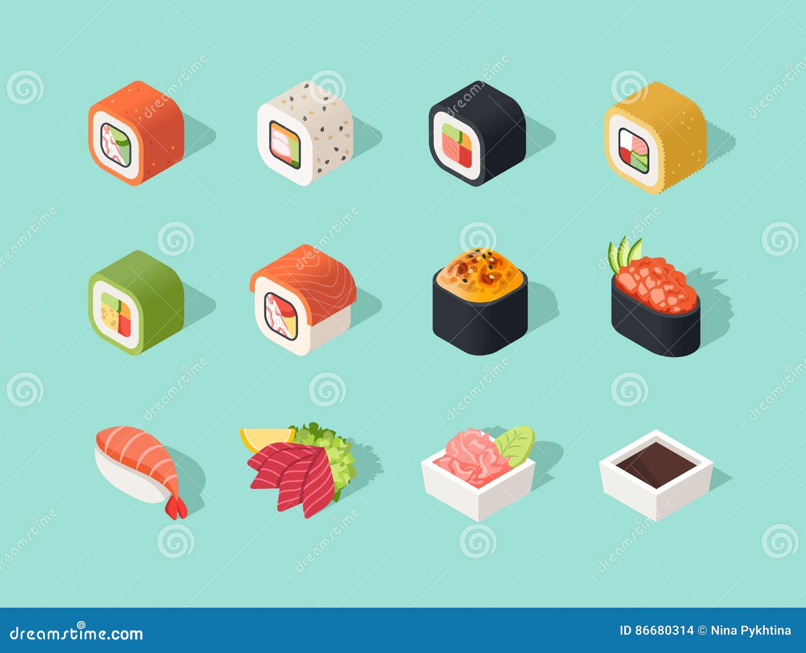 Sushi Set Icons In Flat Style. Big Collection Sushi Vector Symbol Stock ...