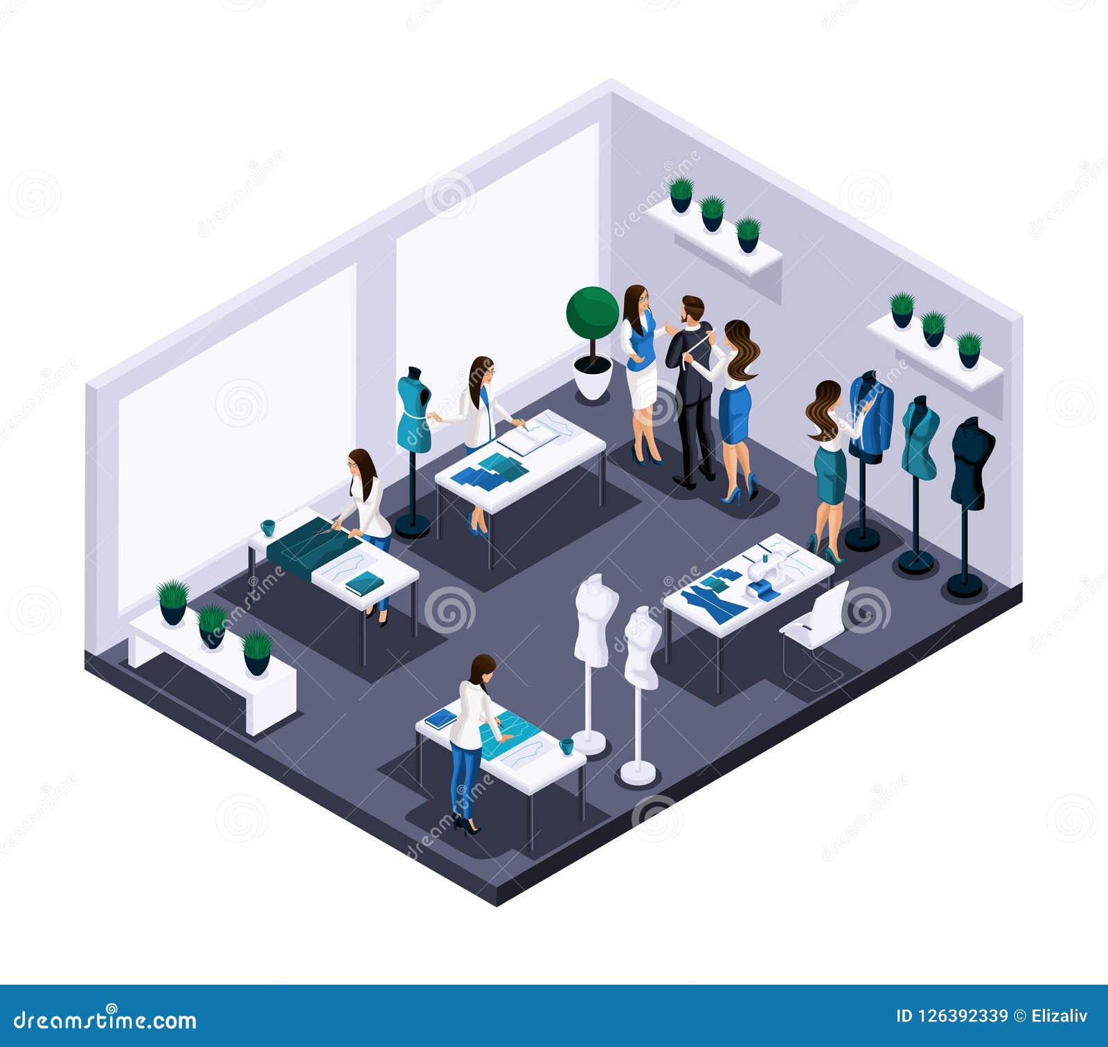 Isometric Tailor Room Atelier Process of Sewing Workshop Work, Customer ...