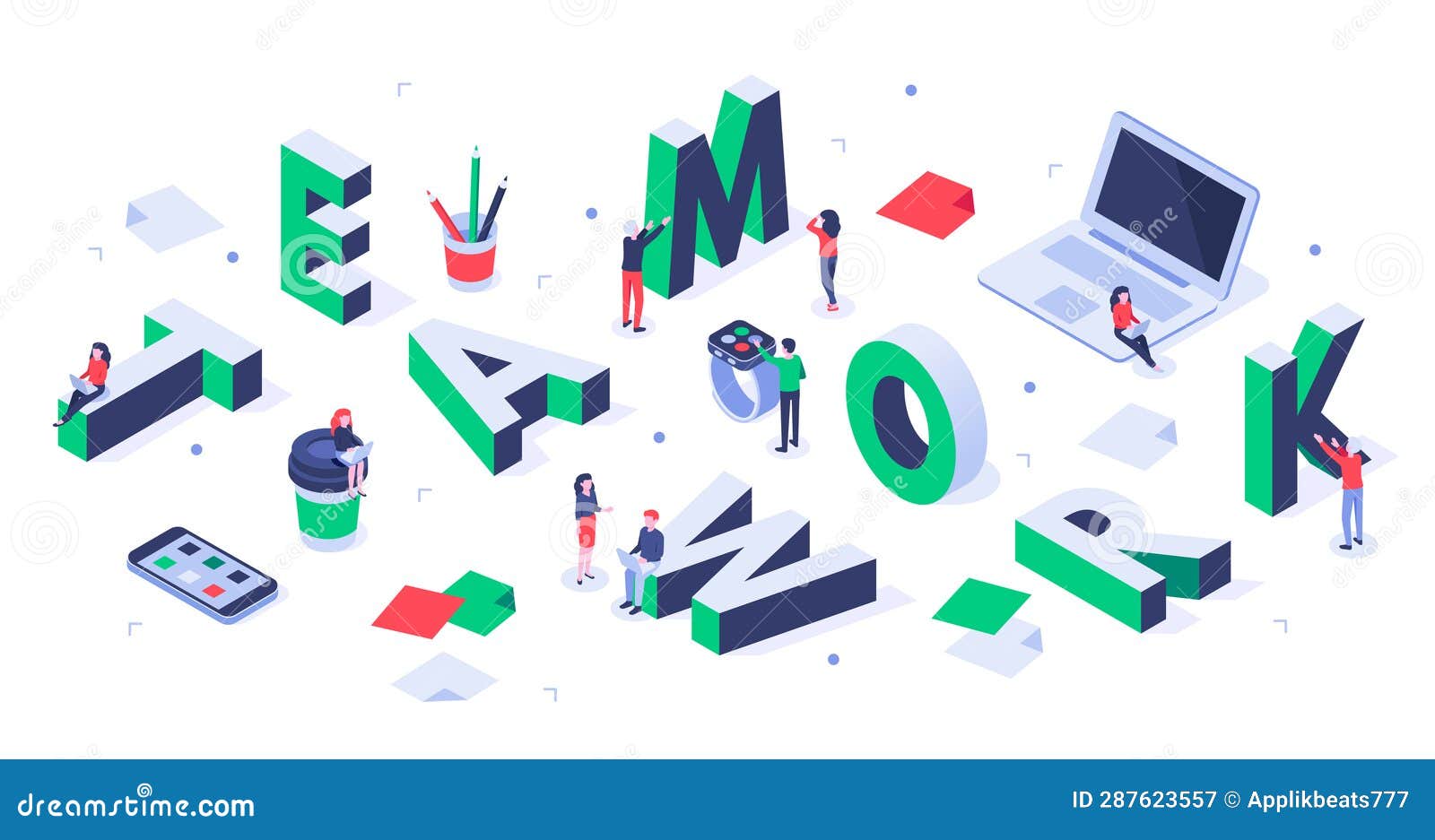 Isometric Teamwork Lettering. Creative Team, Business People ...