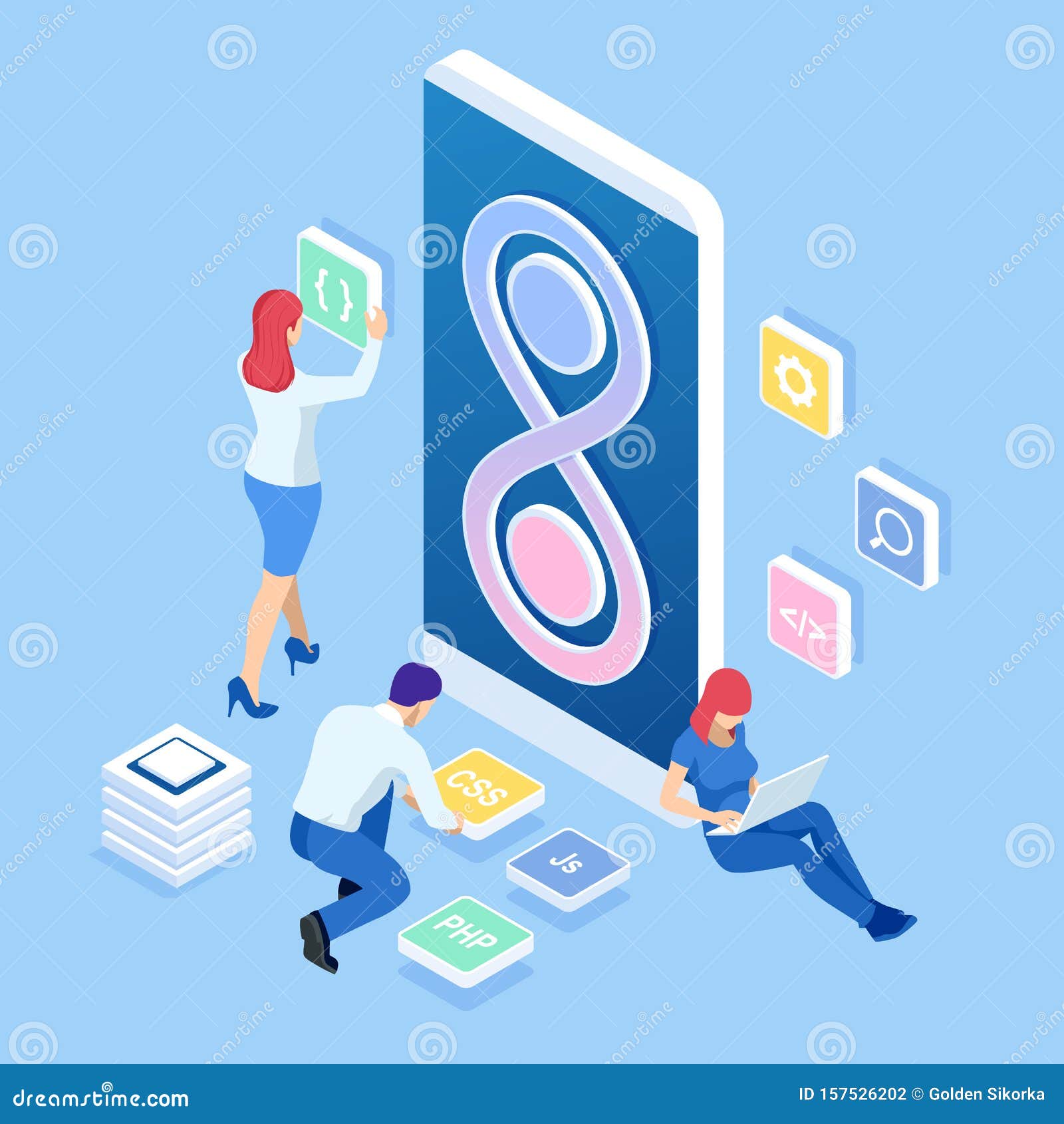 Isometric Technology Process of Software Development. Web Development and Coding. Cross Platform ...