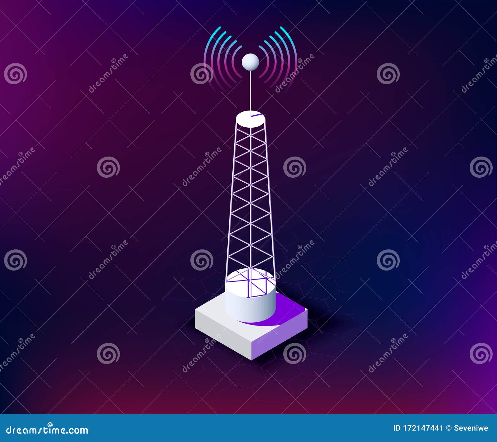 Isometric Telecommunication Tower with Connection Waves, Dark ...