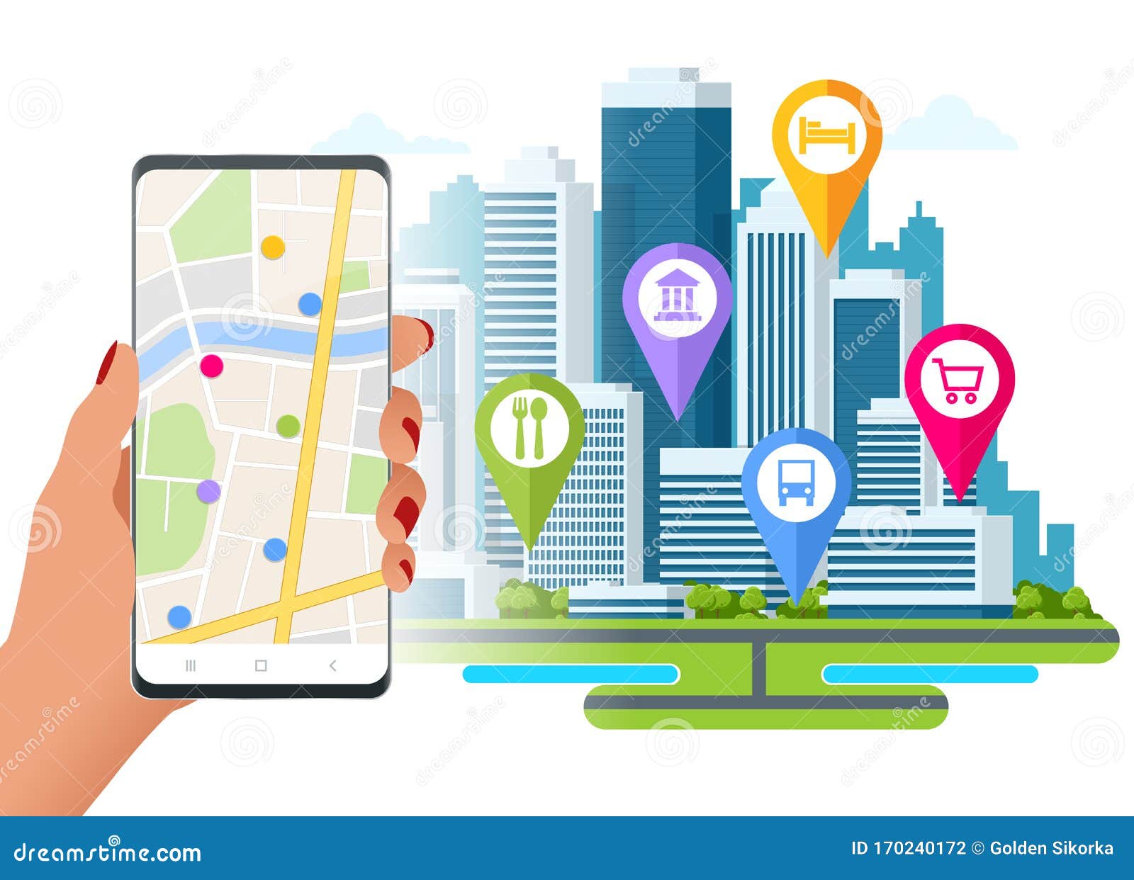 Isometric Town Map with GPS Navigation Mobile Application, Traveling ...