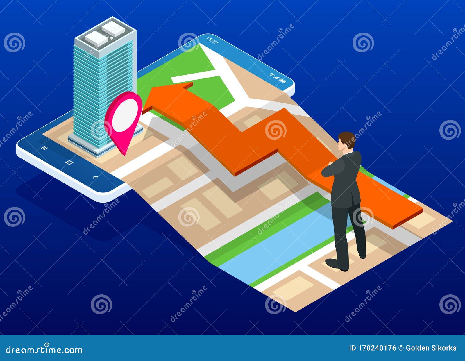 Isometric Town Map with GPS Navigation Mobile Application, Traveling ...
