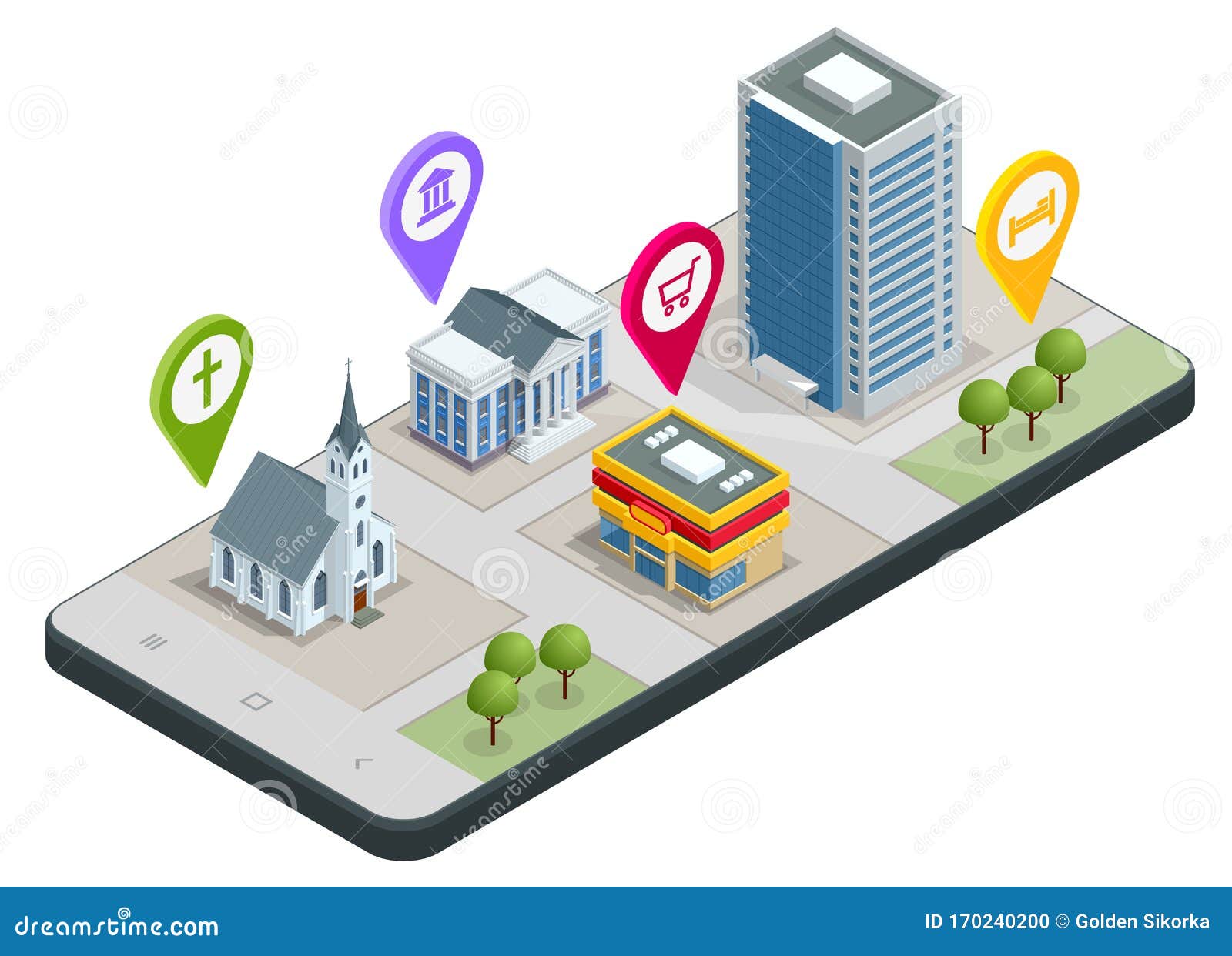 Isometric Town Map With Gps Navigation Mobile Application Traveling