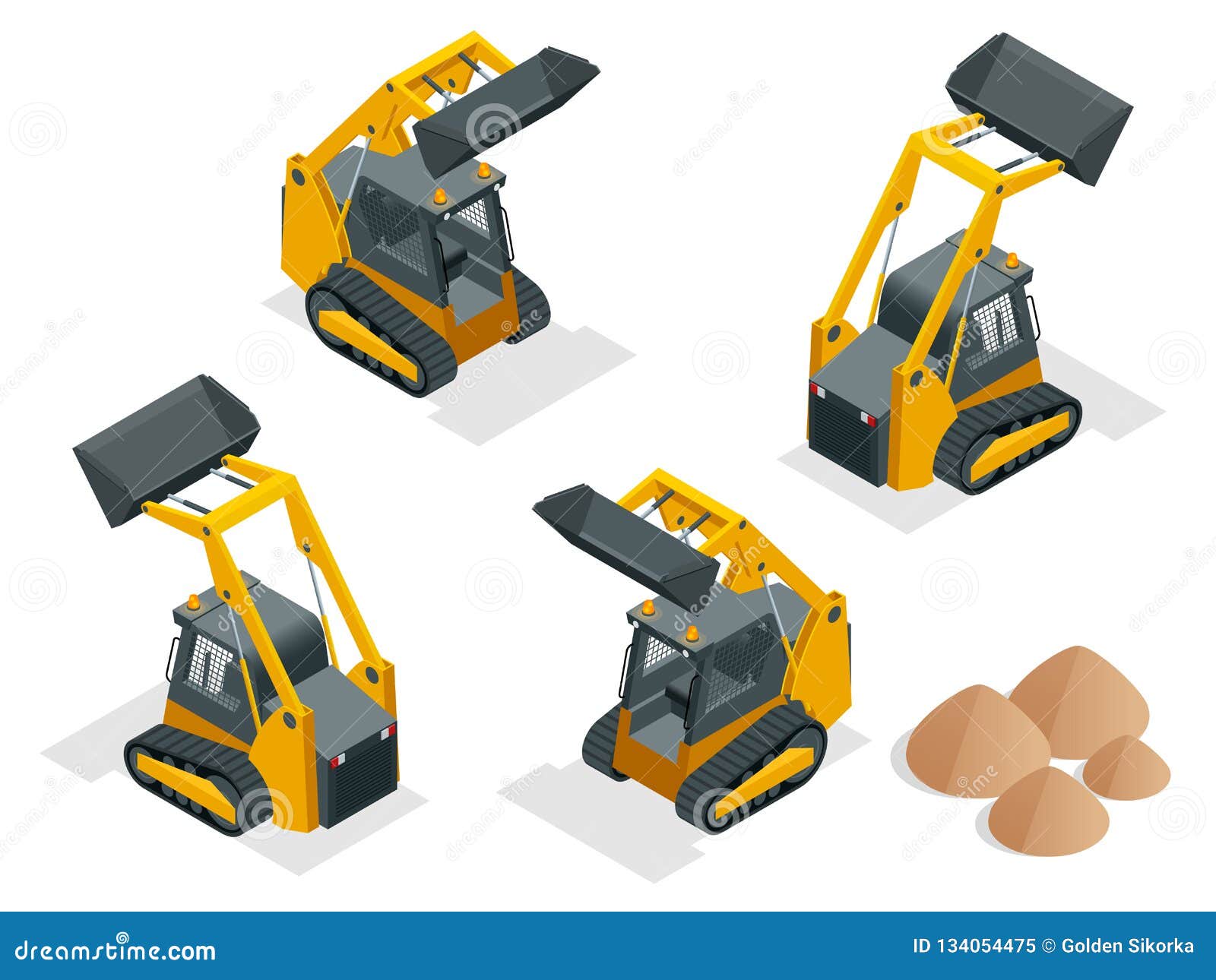 Isometric Tracked Compact Excavators. Orange Steer Loader Isolated on a ...