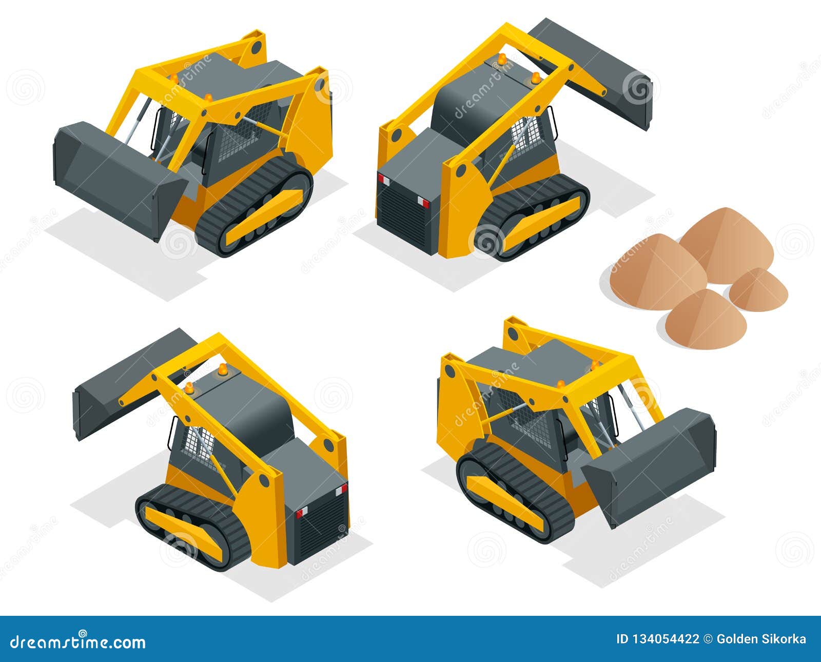 Isometric Tracked Compact Excavators. Orange Steer Loader Isolated On A ...