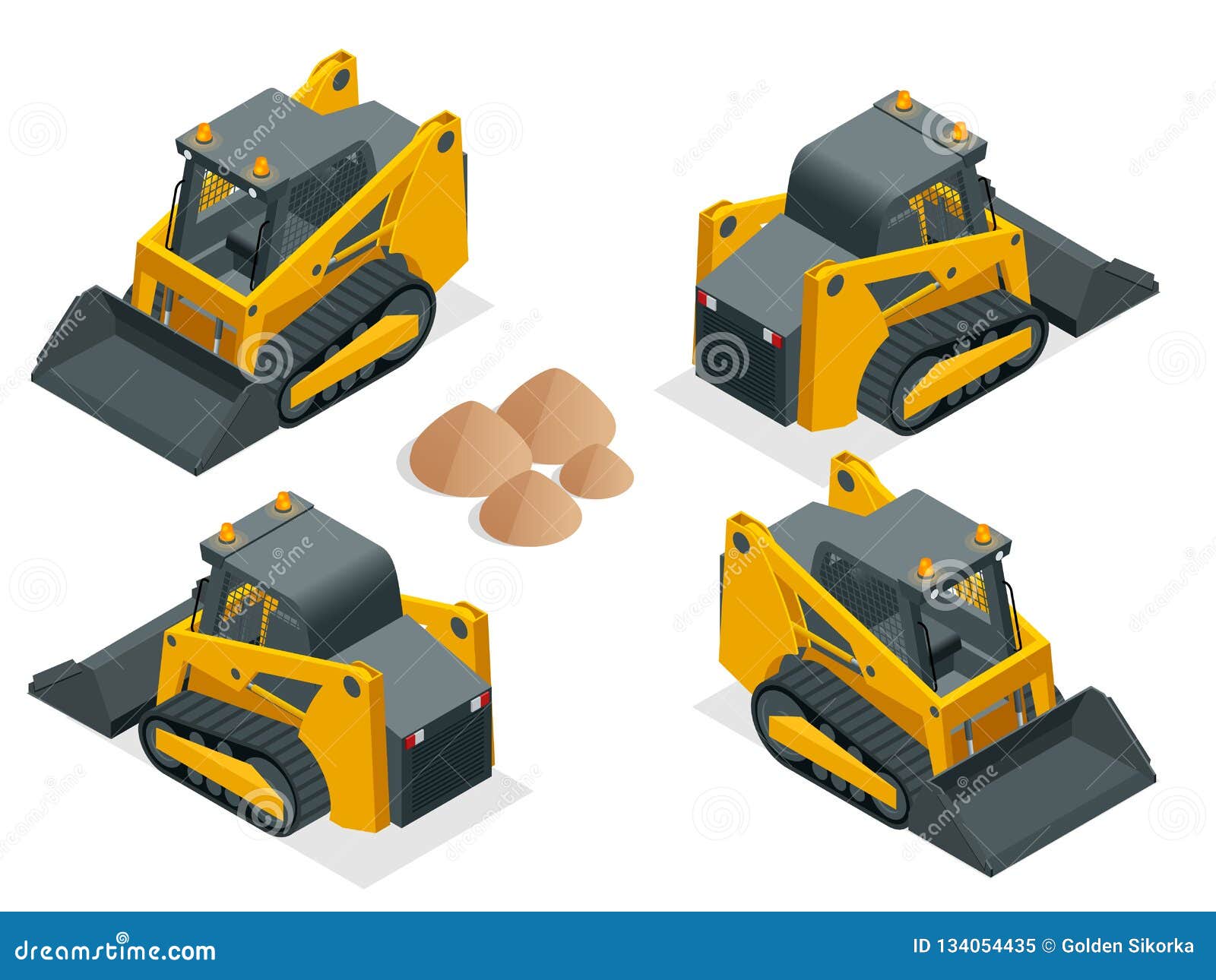 Isometric Tracked Compact Excavators. Orange Steer Loader Isolated On A ...