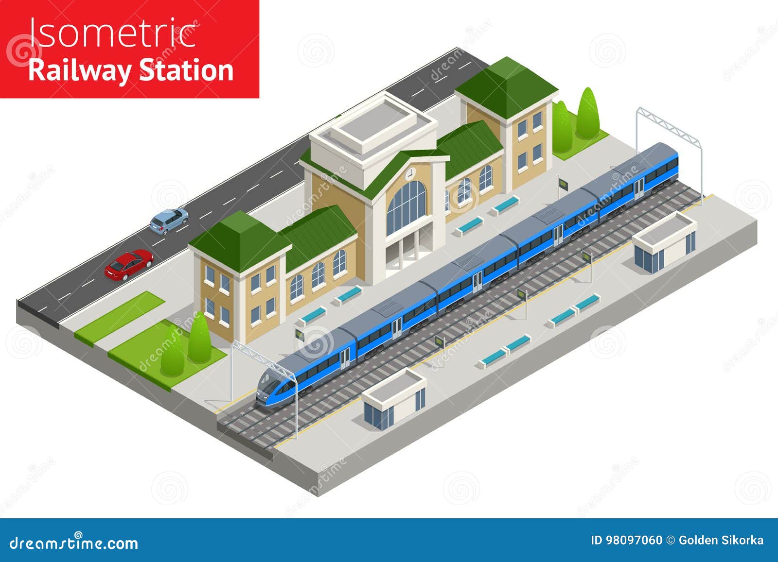 Isometric Train Station Building with Passenger Trains, Platform. Stock ...