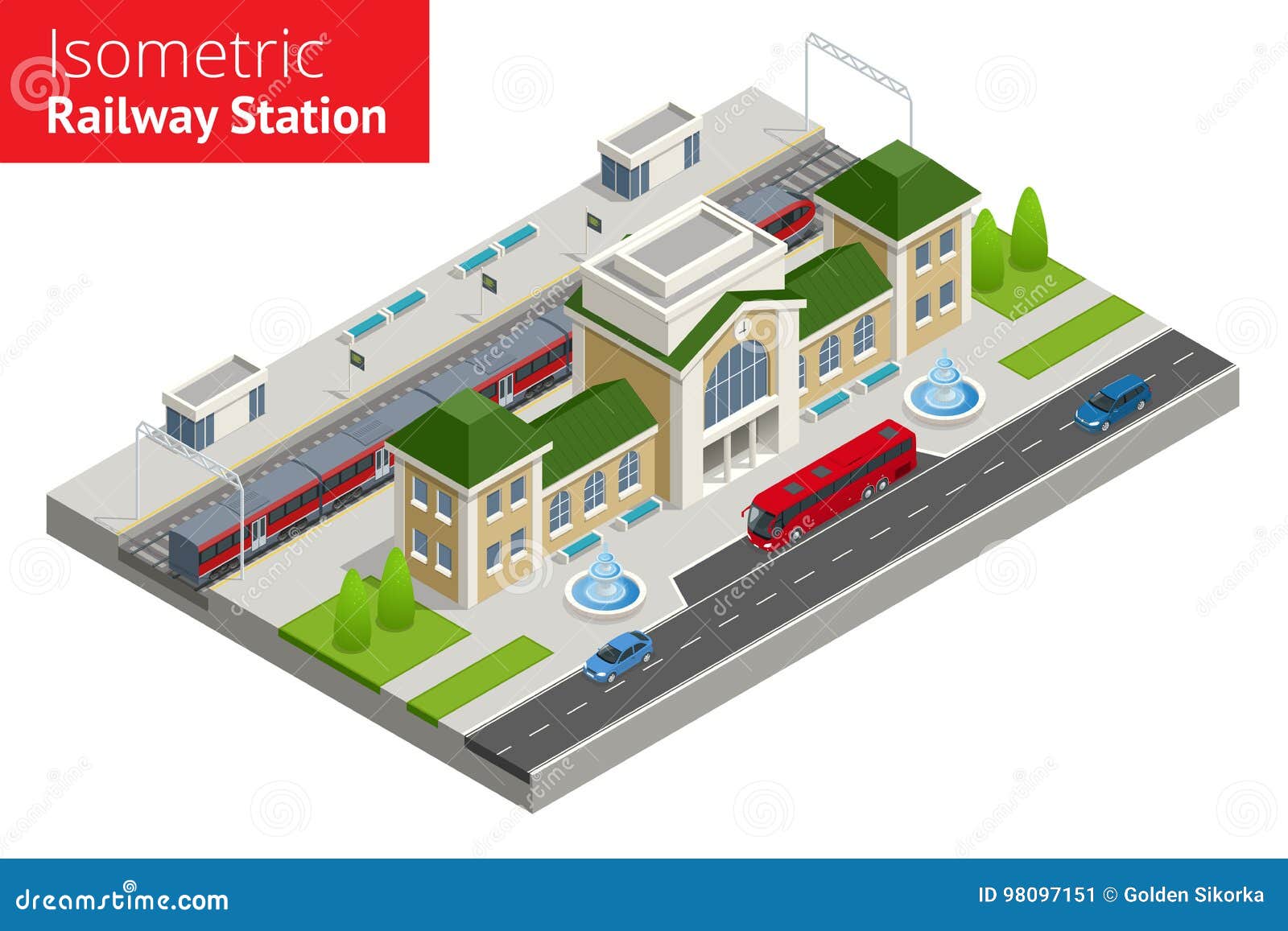 Isometric Train Station Building with Passenger Trains, Platform. Stock ...