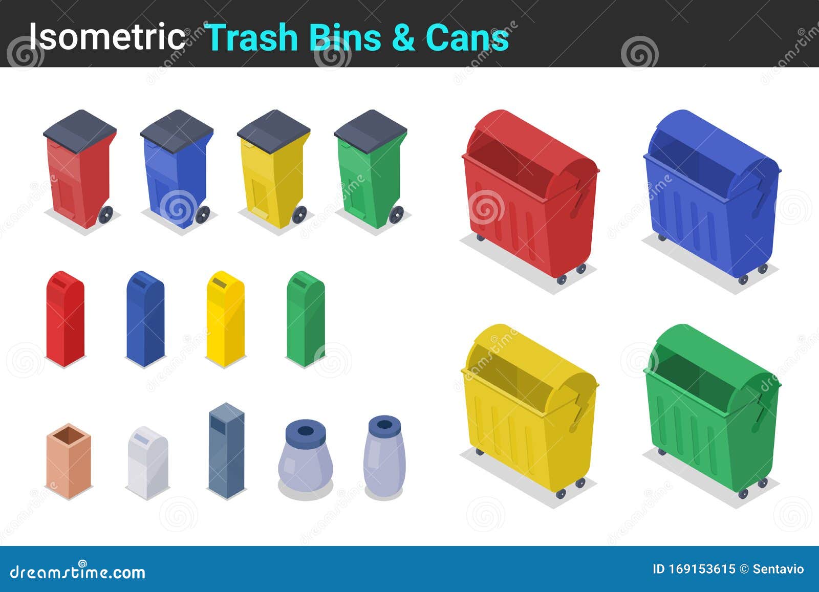 Isometric Trash Bin and Can Flat Vector Collection Stock Vector ...