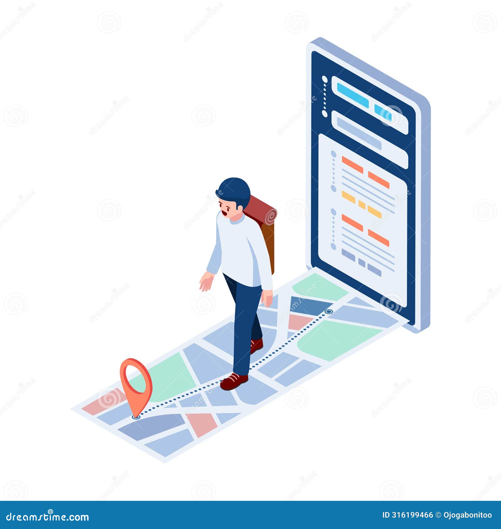 Isometric Traveler Walking on Gps Map Navigation Stock Vector ...