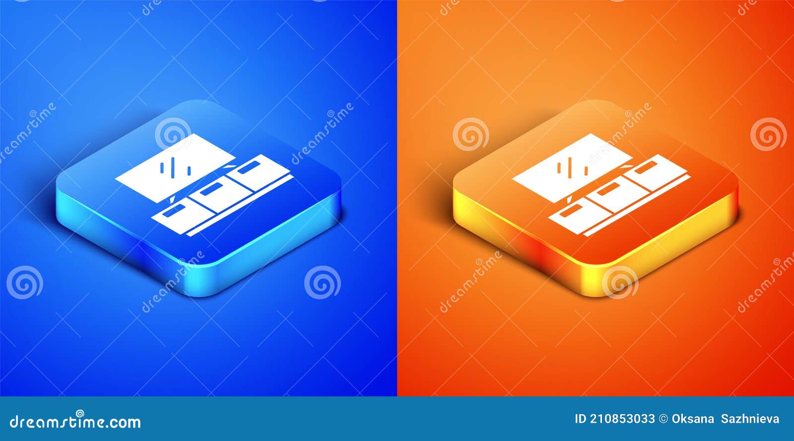 Isometric TV Table Stand Icon Isolated on Blue and Orange Background ...