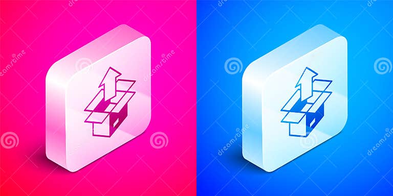 Isometric Unboxing Icon Isolated on Pink and Blue Background. Silver ...