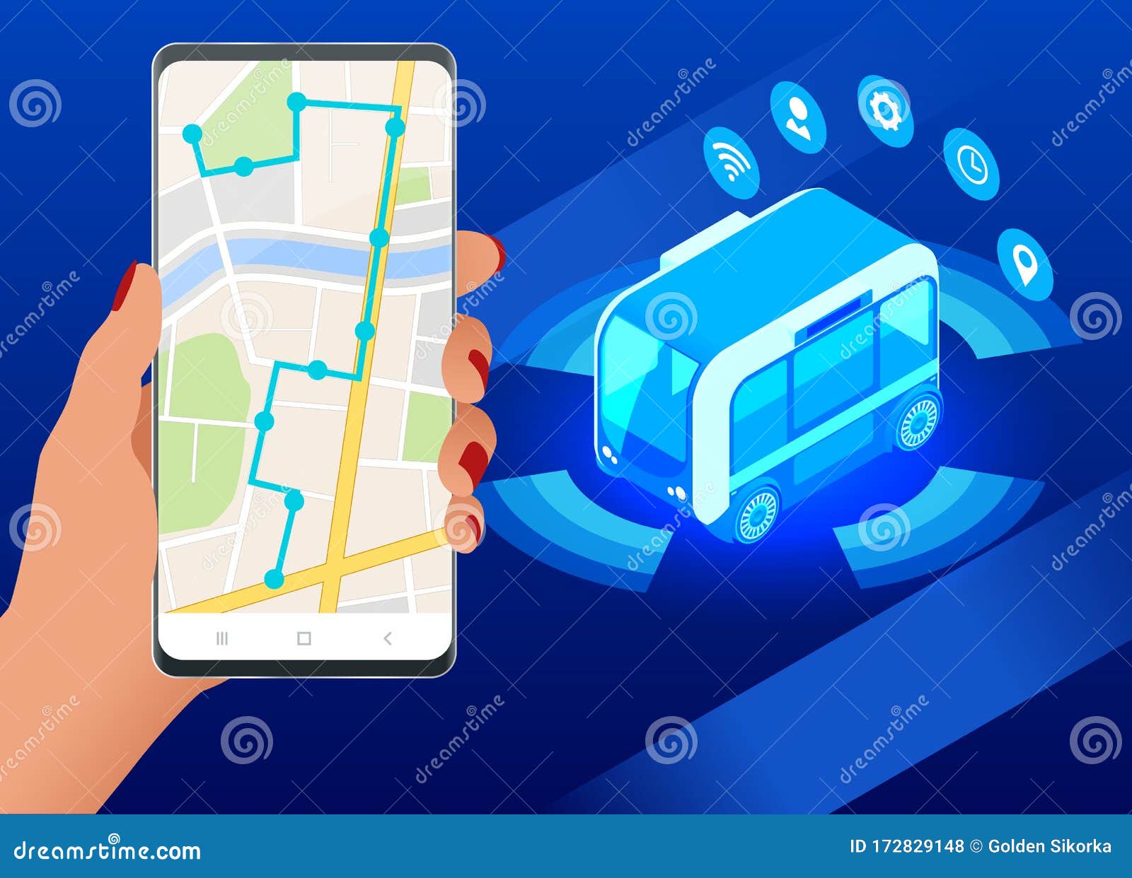 Isometric Unmanned Shuttle Bus. Automated Self-driving Vehicle System ...