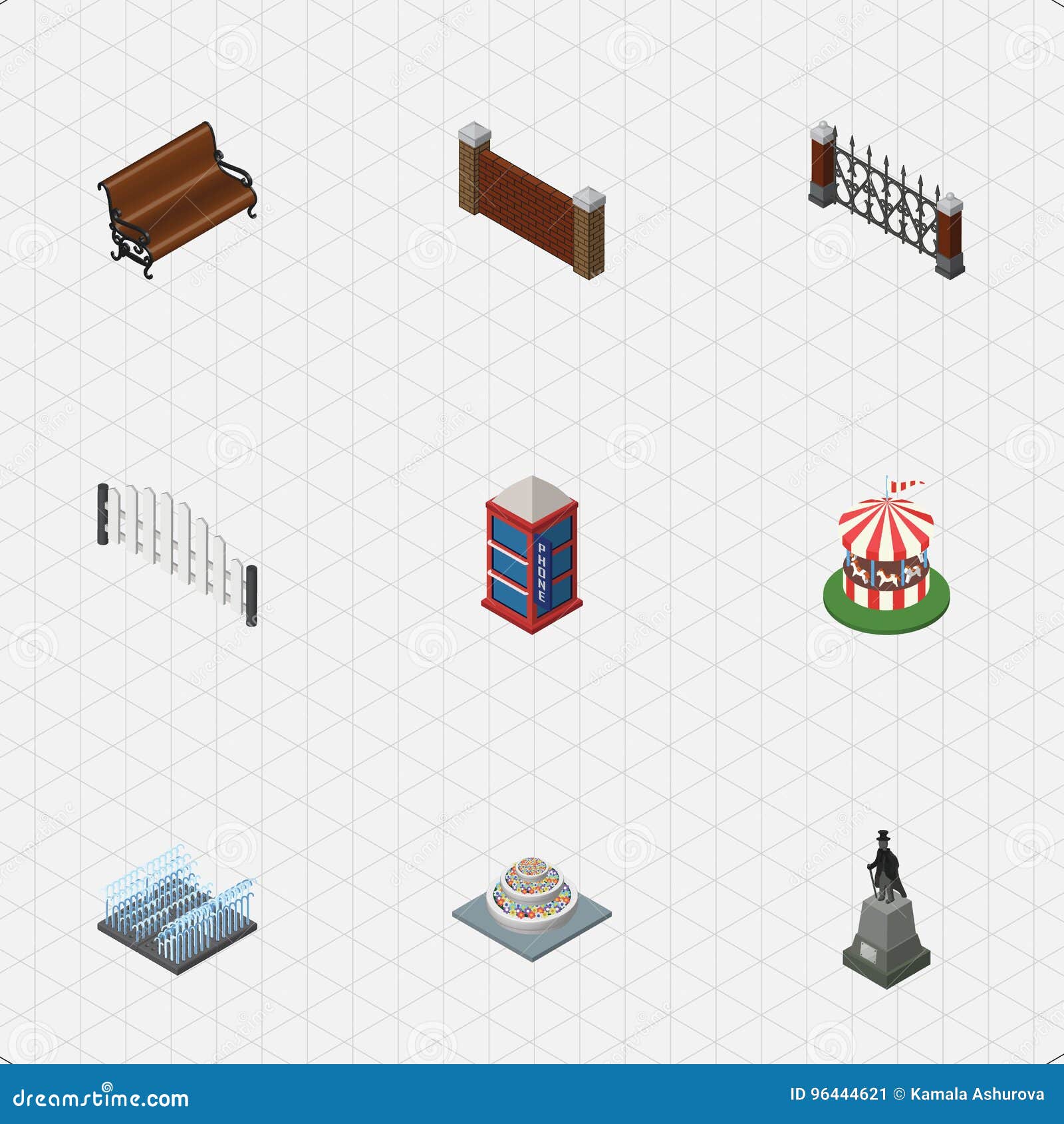 Isometric Urban Set of Phone Box, Fence, Carousel and Other Vector ...