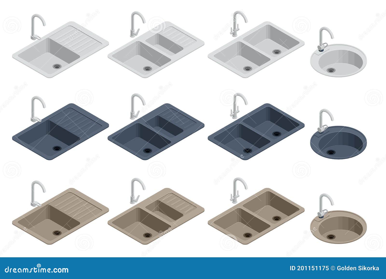 Isometric Various Elements Kitchen Sink with Tap Isolated on White ...