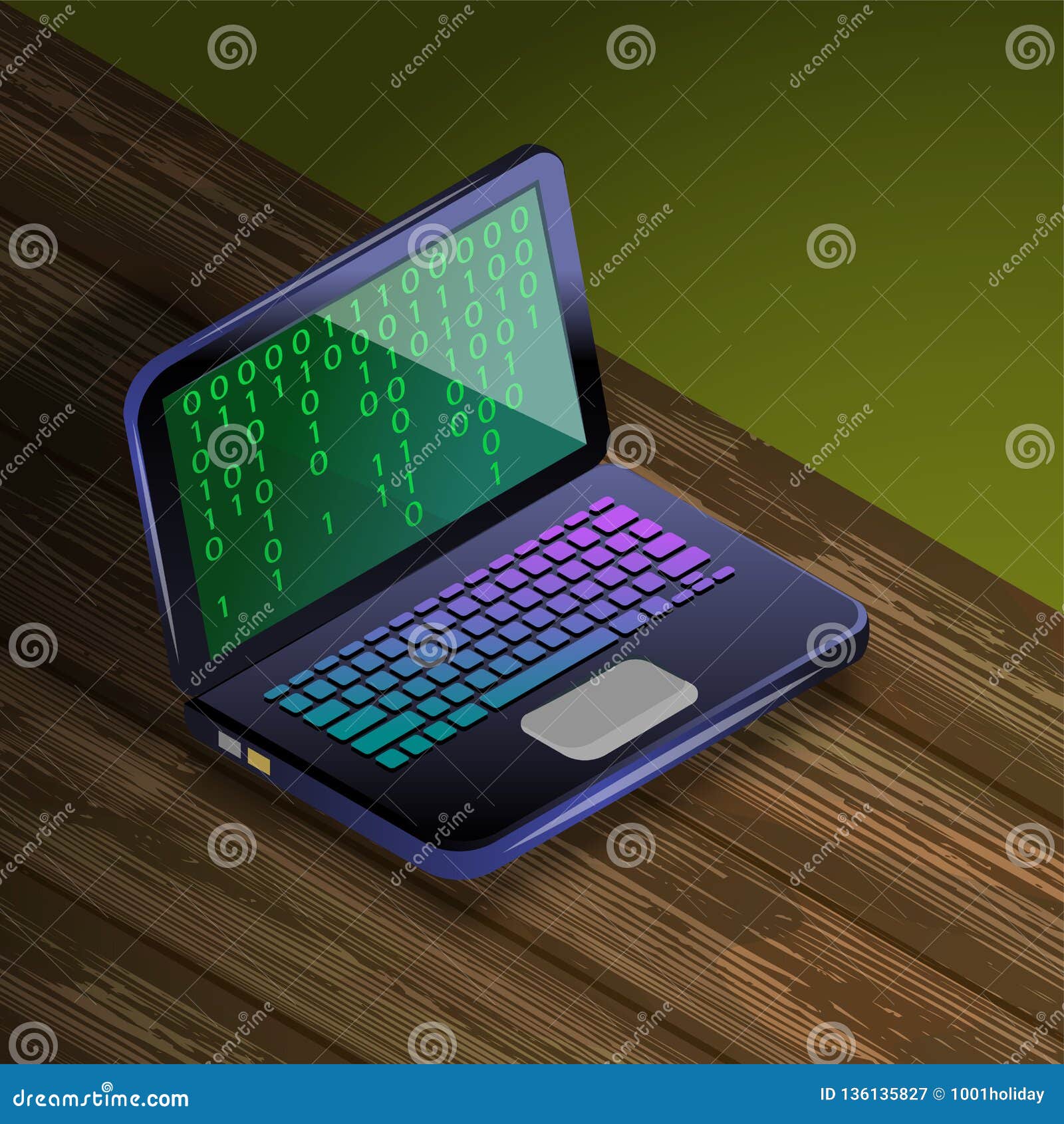 Isometric Vector Binary Code Laptop on Wooden Table Stock Vector ...