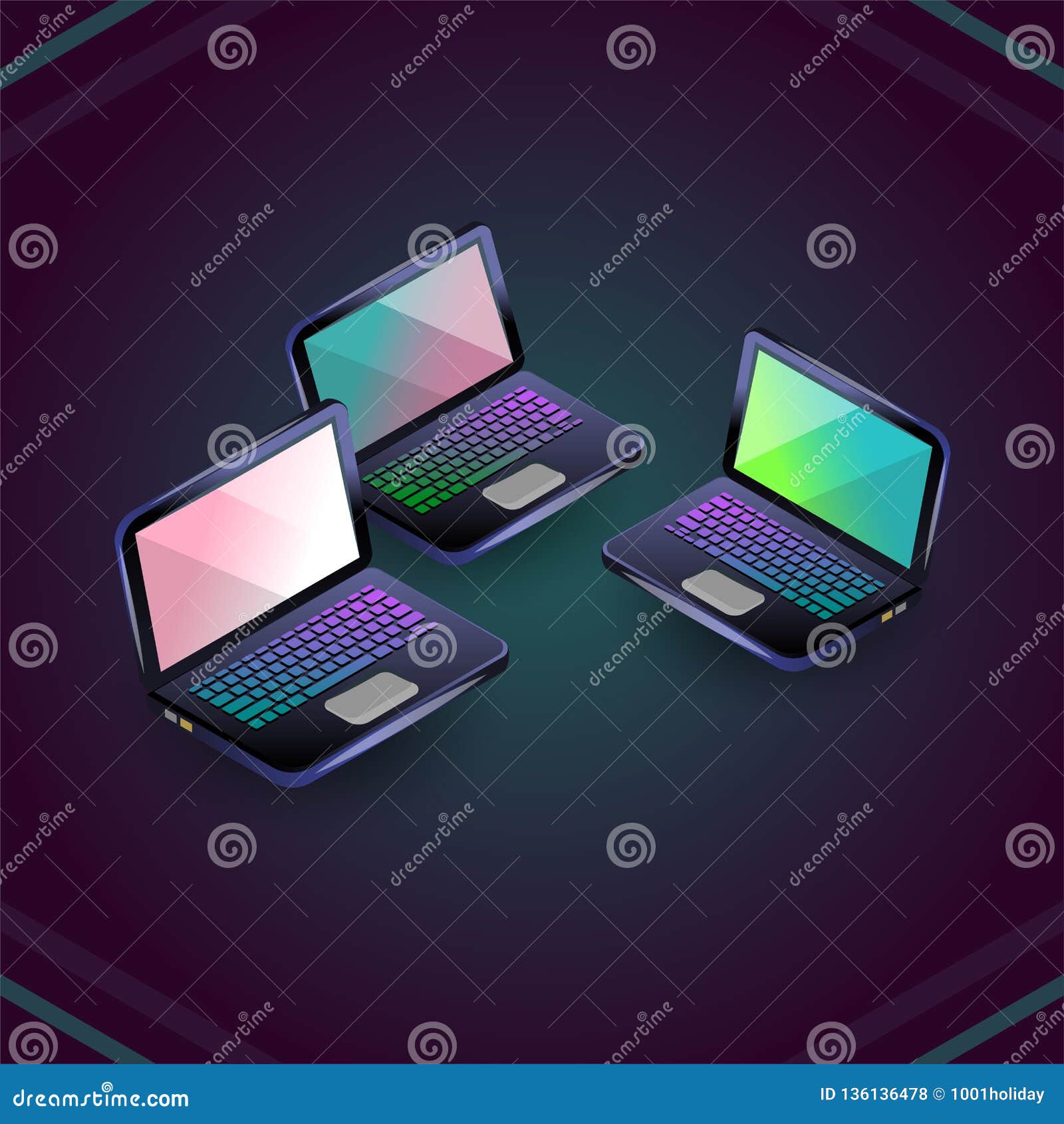 Isometric Vector Colorful Three Laptops Isolated on Dark Blue Stock ...