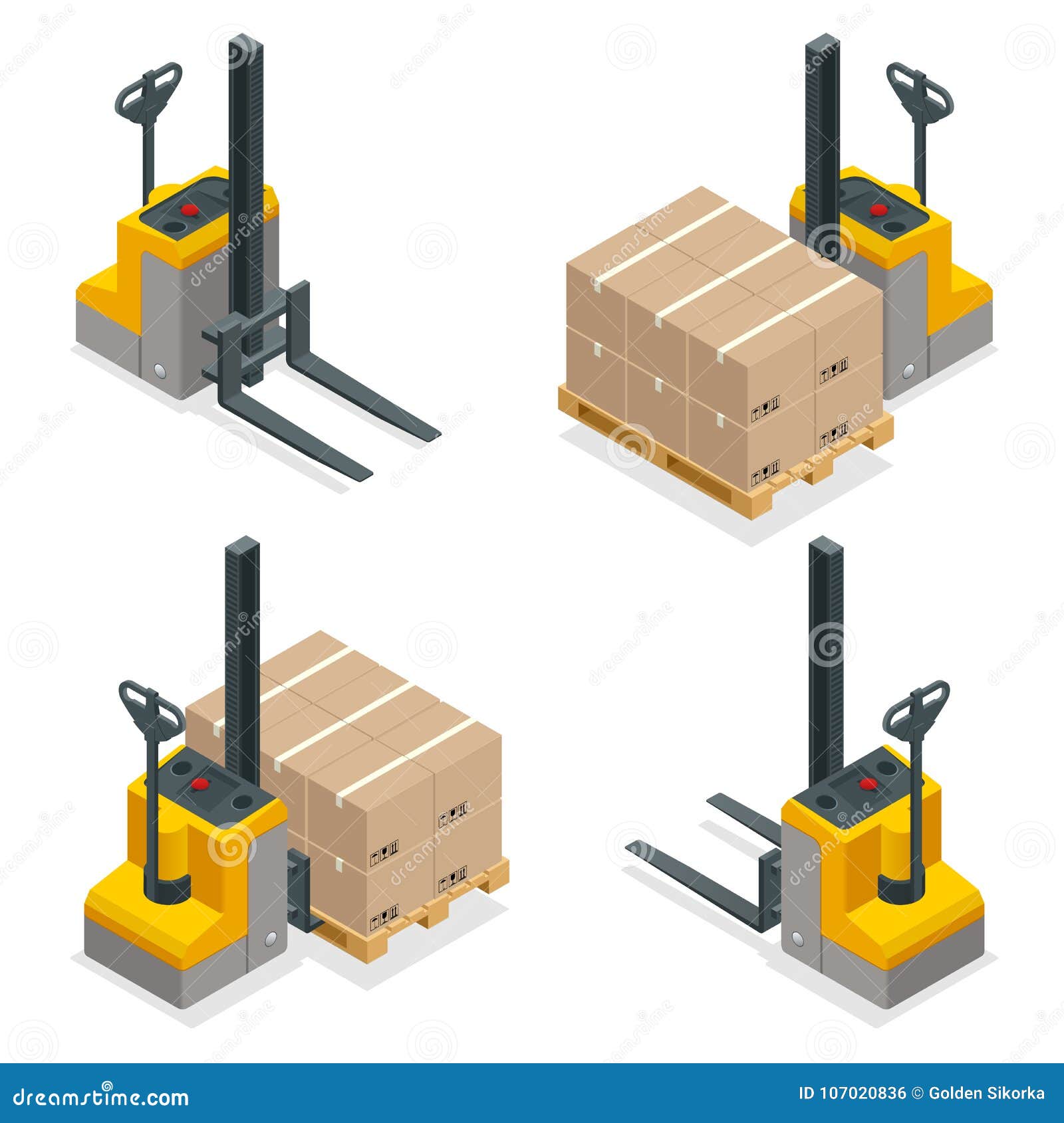Isometric Vector Compact Forklift Trucks Isolated On White. Storage ...