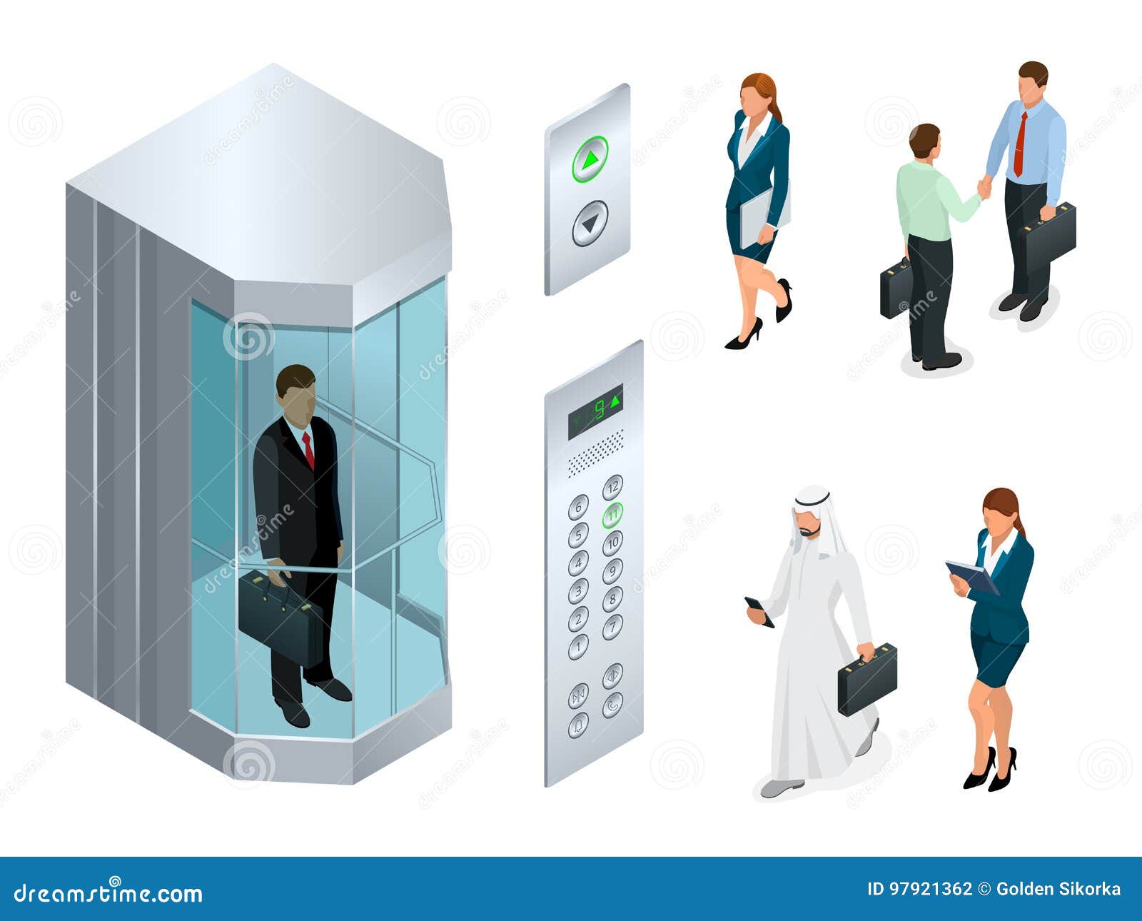 Isometric Vector Design of the Elevator with People Inside and Button ...