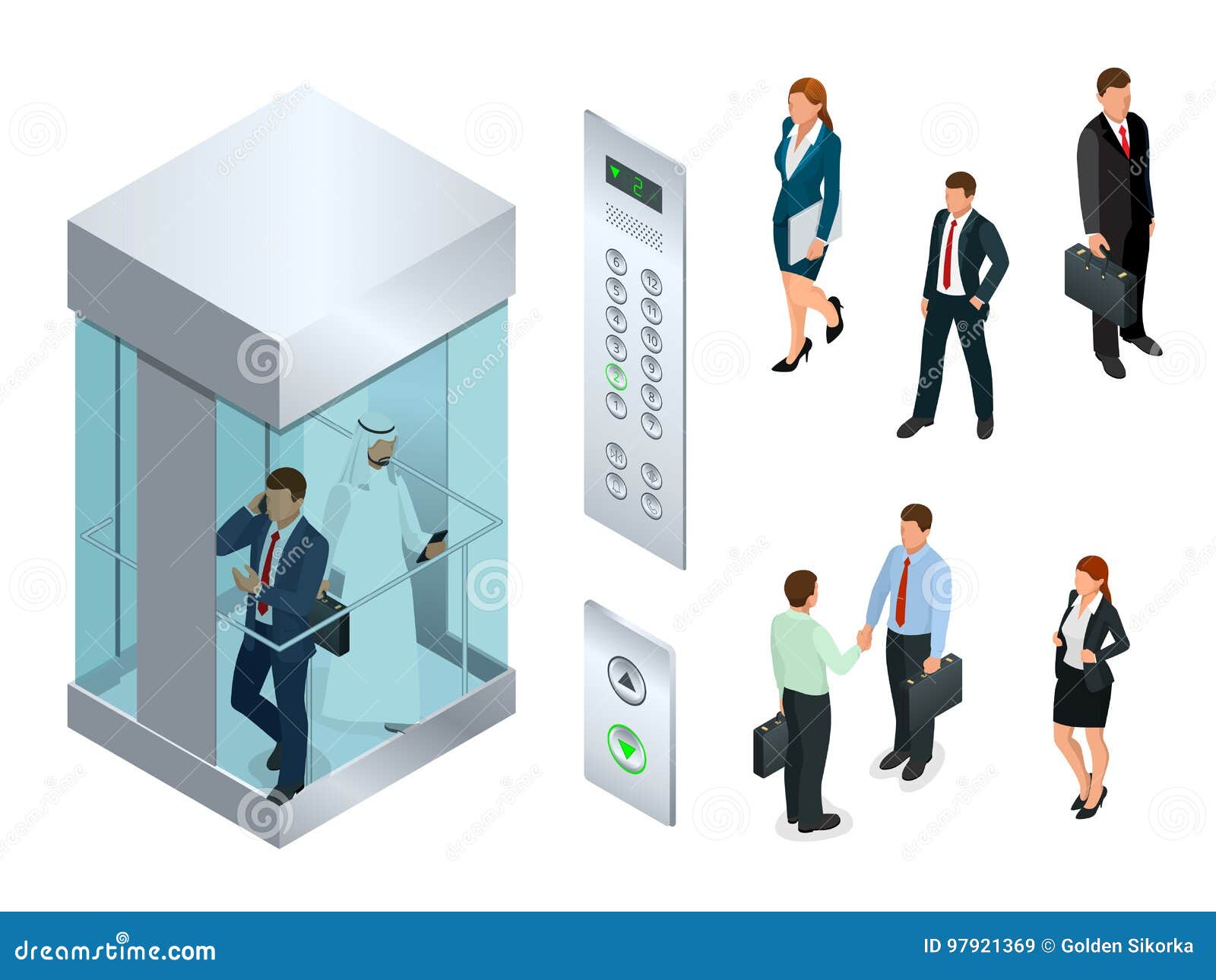 Isometric Vector Design Of The Elevator With People Inside And Button ...