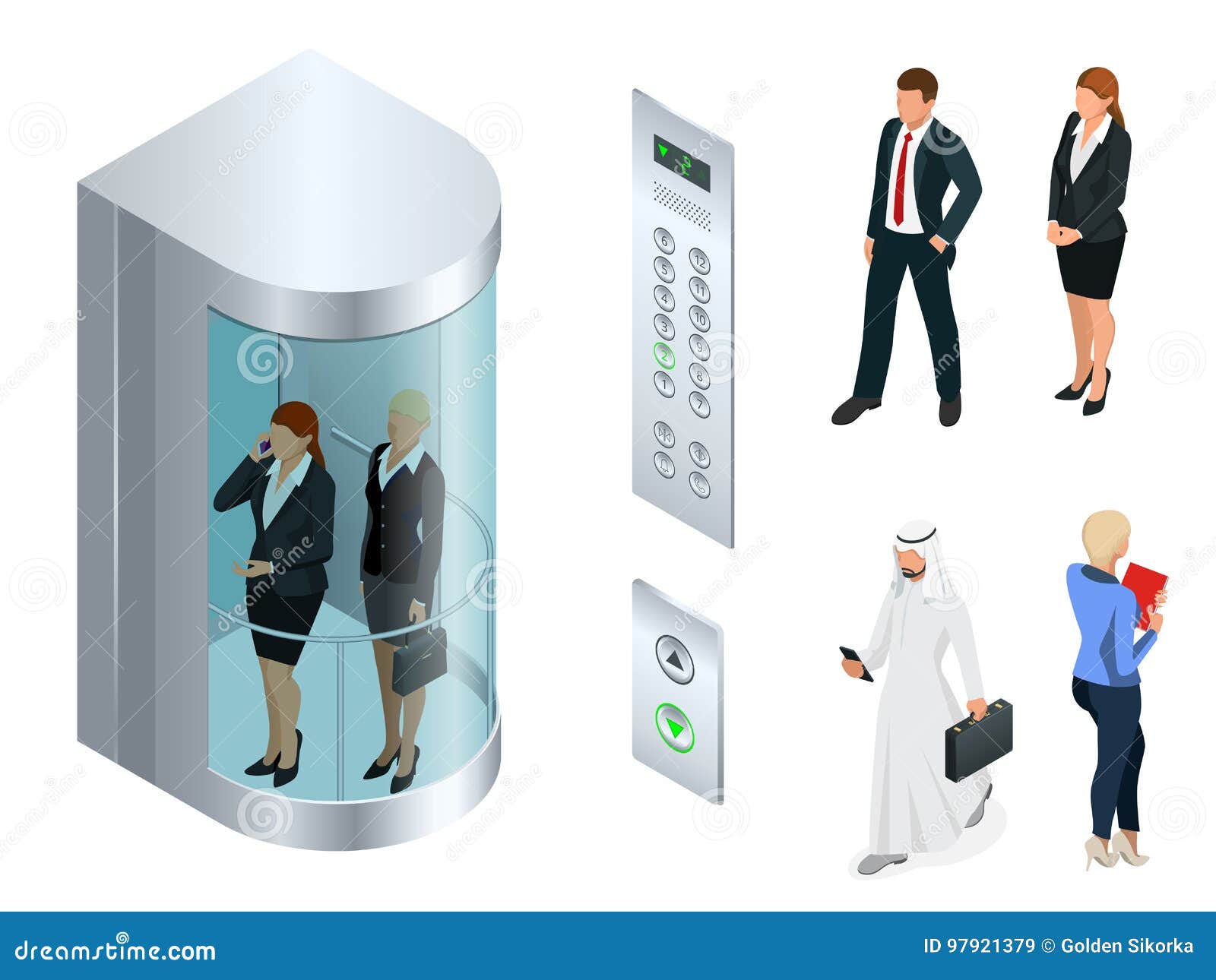 Isometric Vector Design of the Elevator with People Inside and Button ...