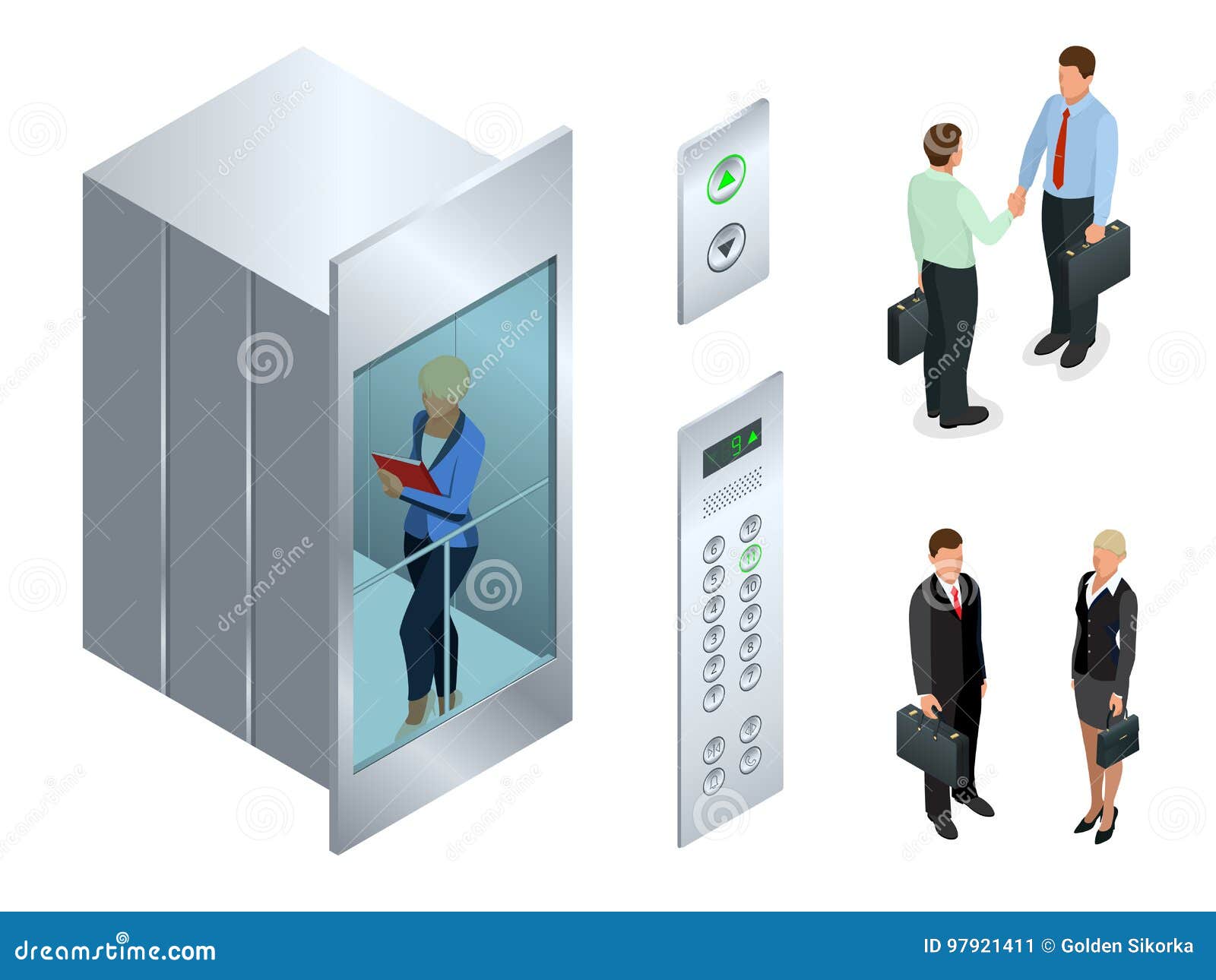 Isometric Vector Design of the Elevator with People Inside and Button ...