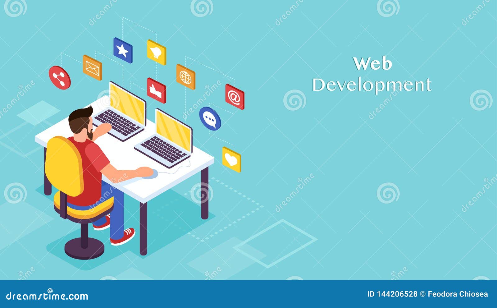 Isometric Vector of Freelancer Programmer Working on Computer Stock ...