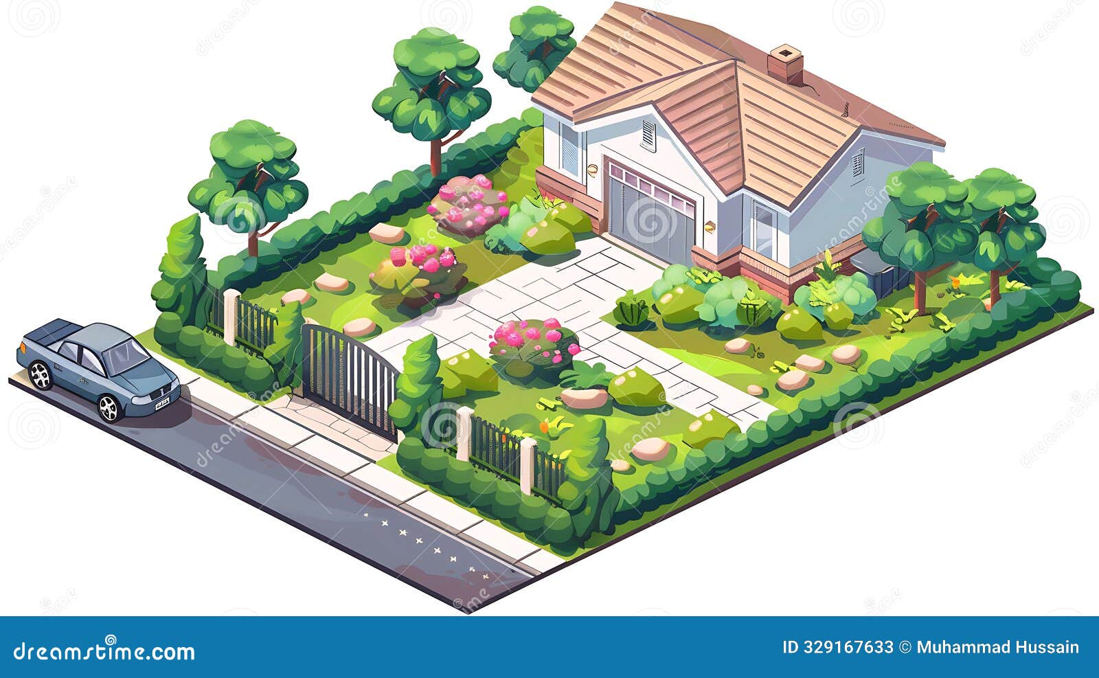 Isometric of a Front Yard Landscaping with Shrubs, Driveway, and ...